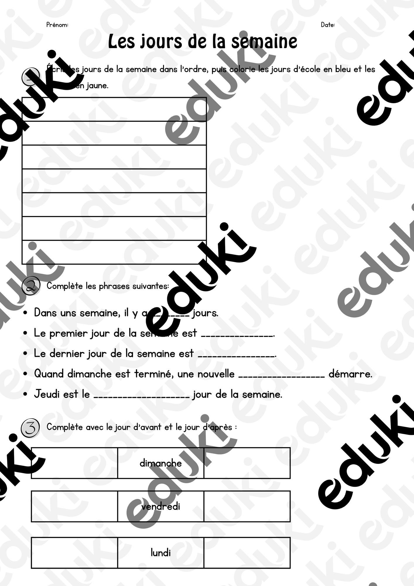 Les jours de la semaine - fiche d'exercice - Ressource pédagogique pour ...