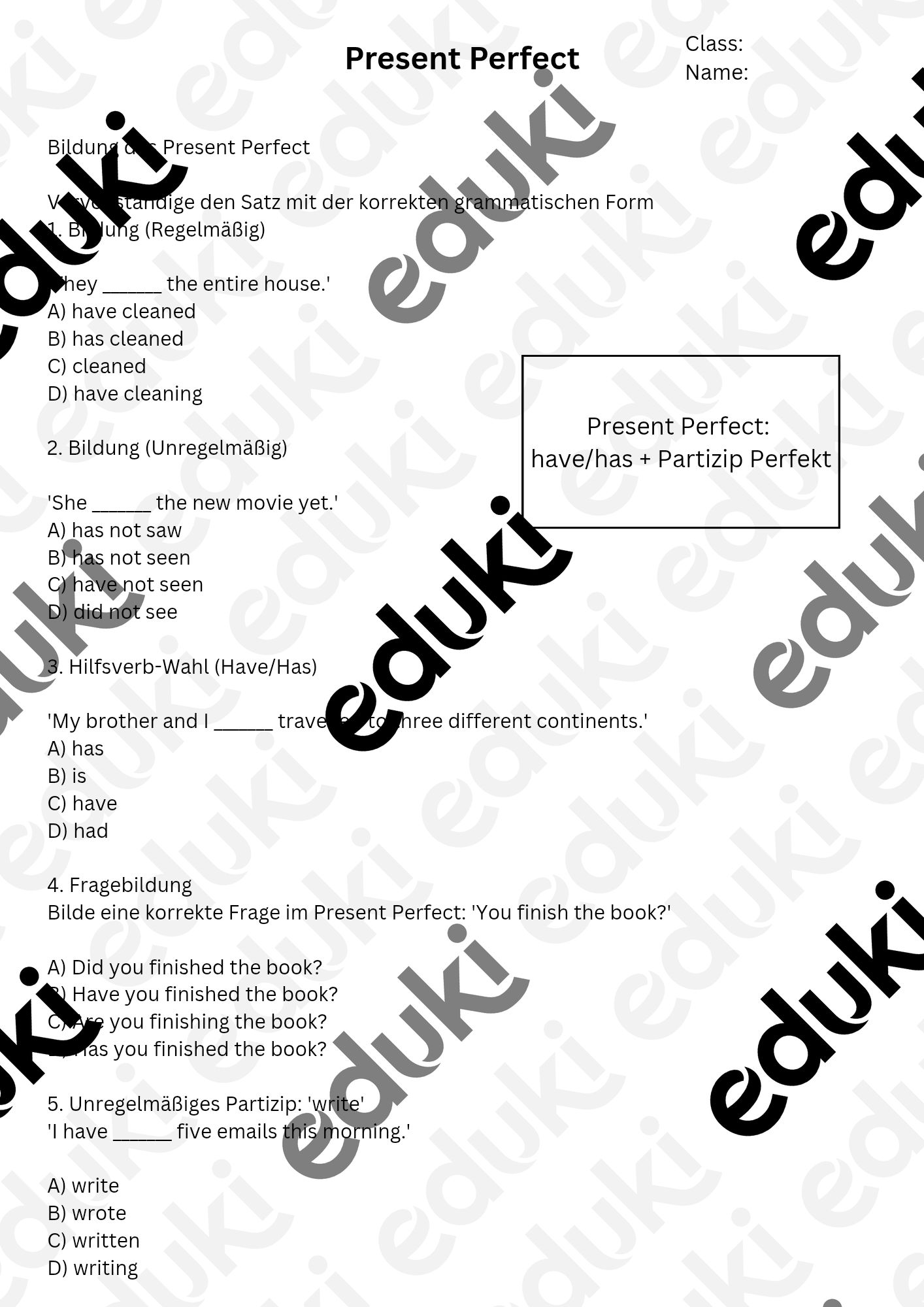 Present Perfect Bildung – Unterrichtsmaterial im Fach Englisch