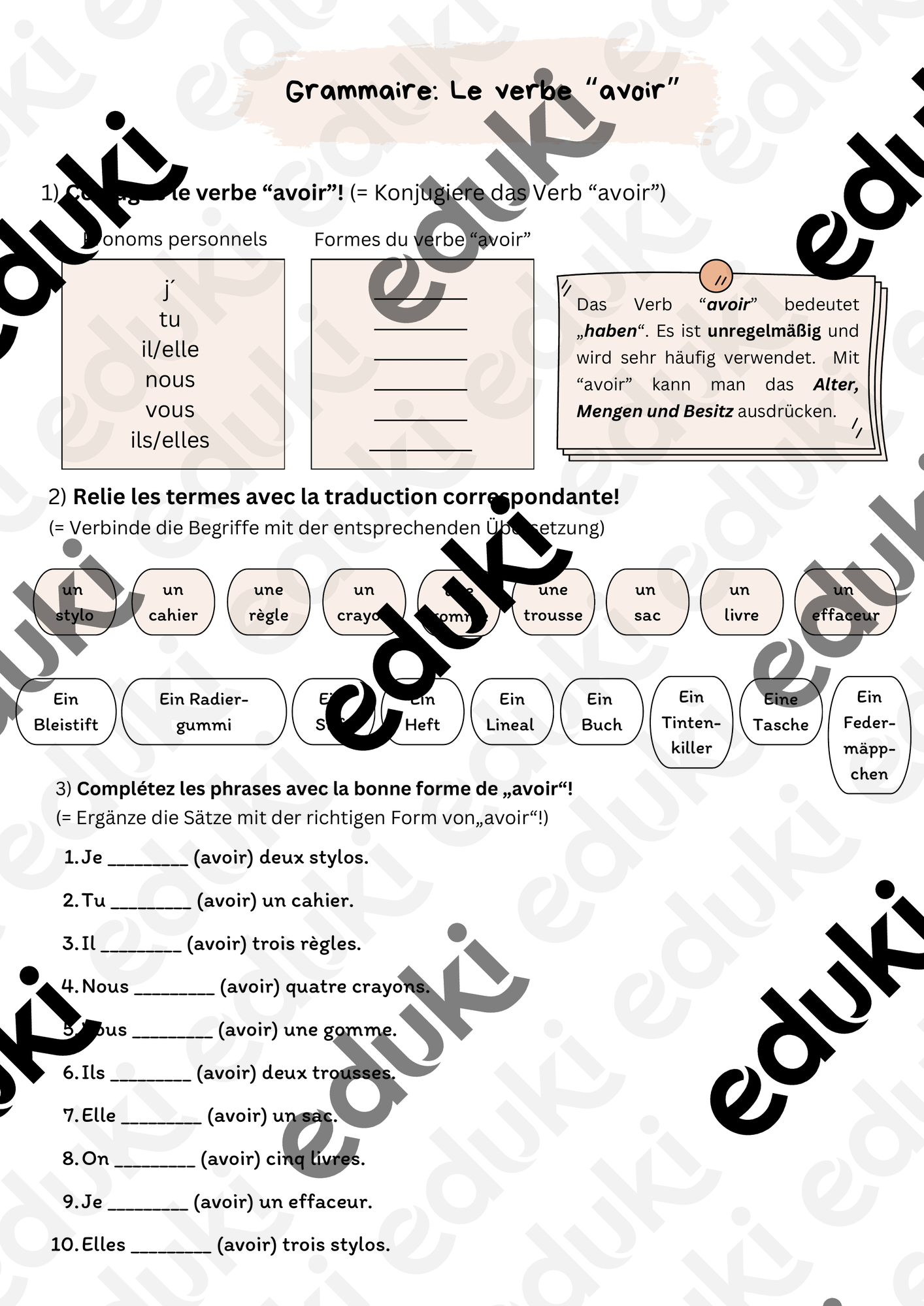 Grammaire Le verbe avoir – Unterrichtsmaterial im Fach Französisch