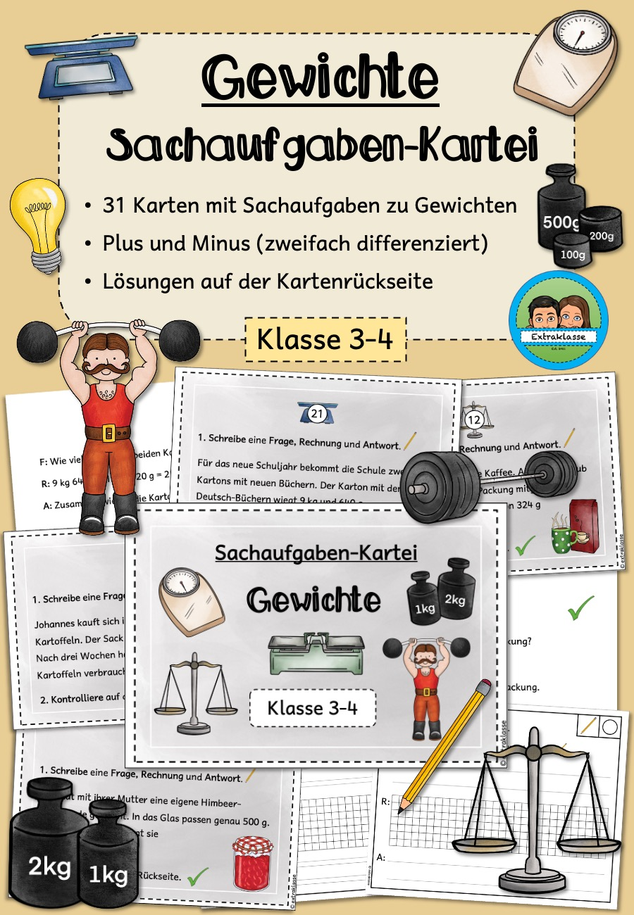 Übungskartei Sachaufgaben: Gewichte (Klasse 3-4) – Unterrichtsmaterial ...