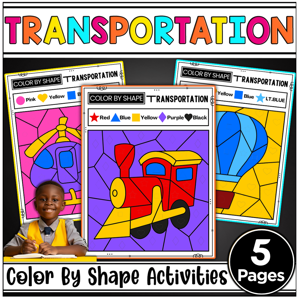 Transportation Color By SHAPE Worksheets | 2D Shapes Practice ...