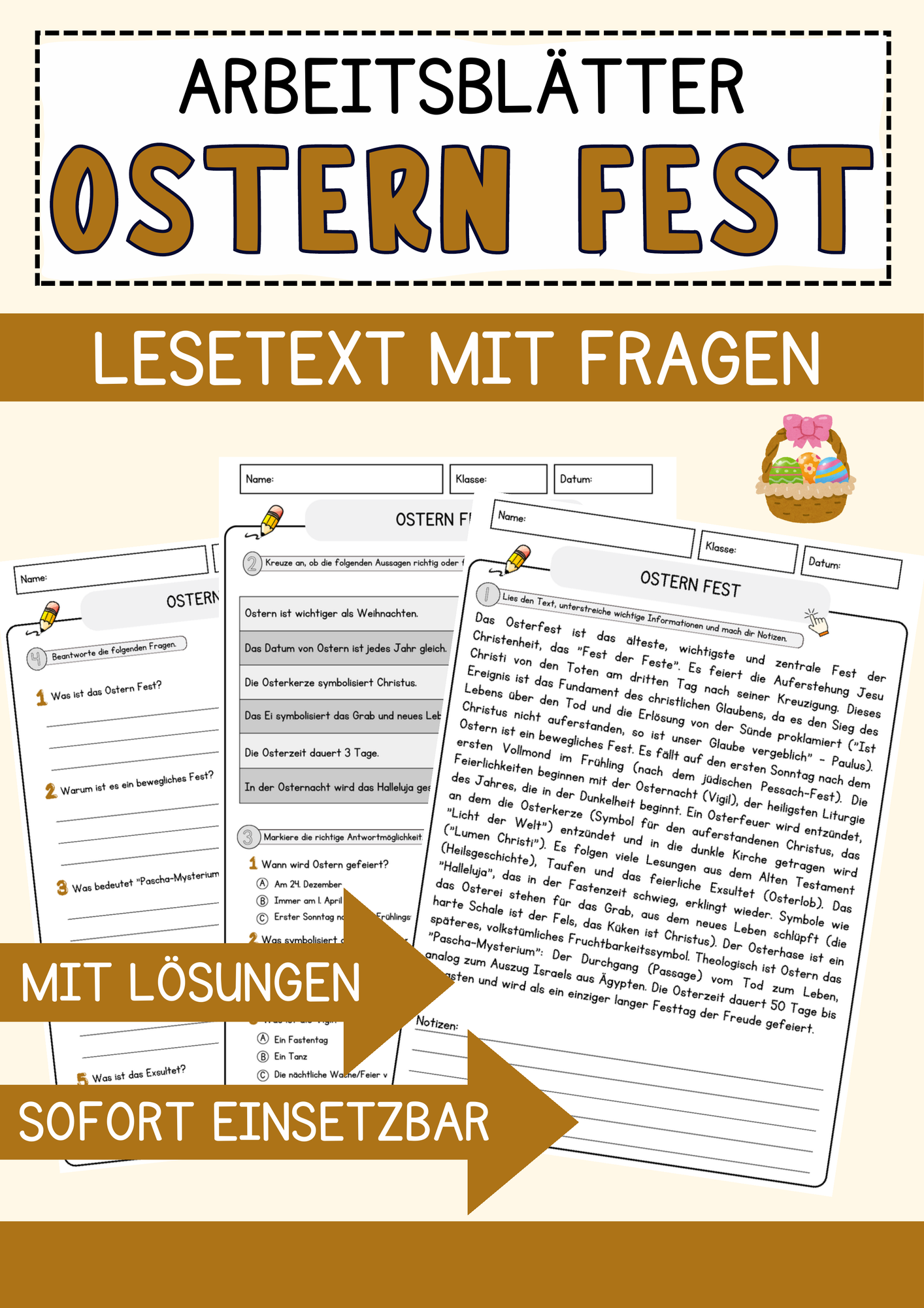 Ostern Fest Religion Arbeitsblätter mit Fragen + Lösungen Lesetext ...