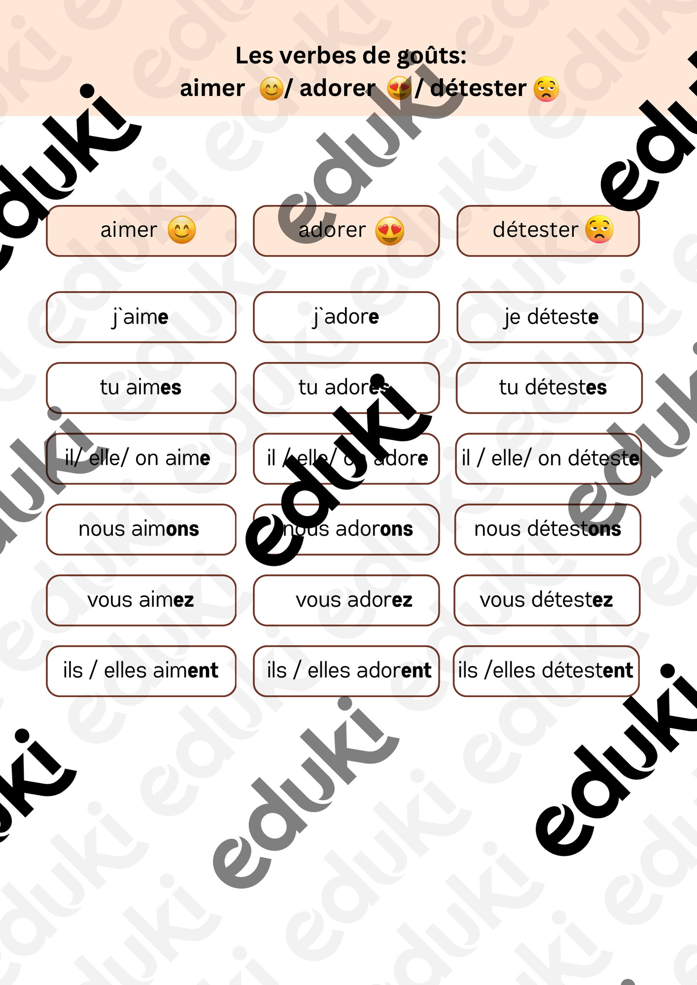 Les verbes de goûts aimer, adorer, détester – Unterrichtsmaterial im ...