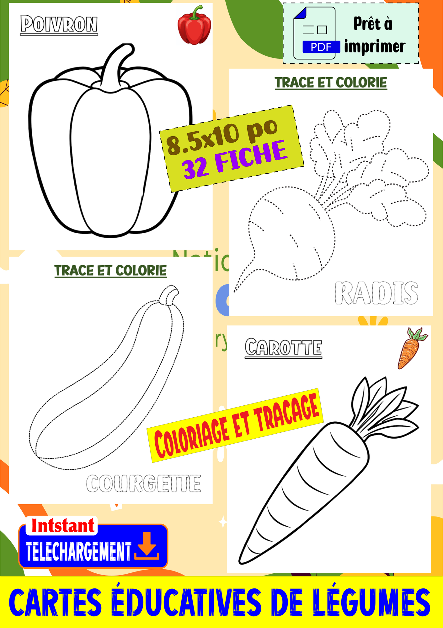 Cartes éducatives de légumes : trace et colorie - Ressource pédagogique ...