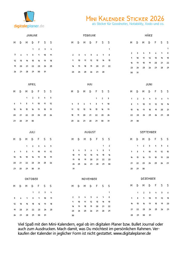 Mini Kalender 2026 zum Ausdrucken, Sticker, Monatsübersicht ...