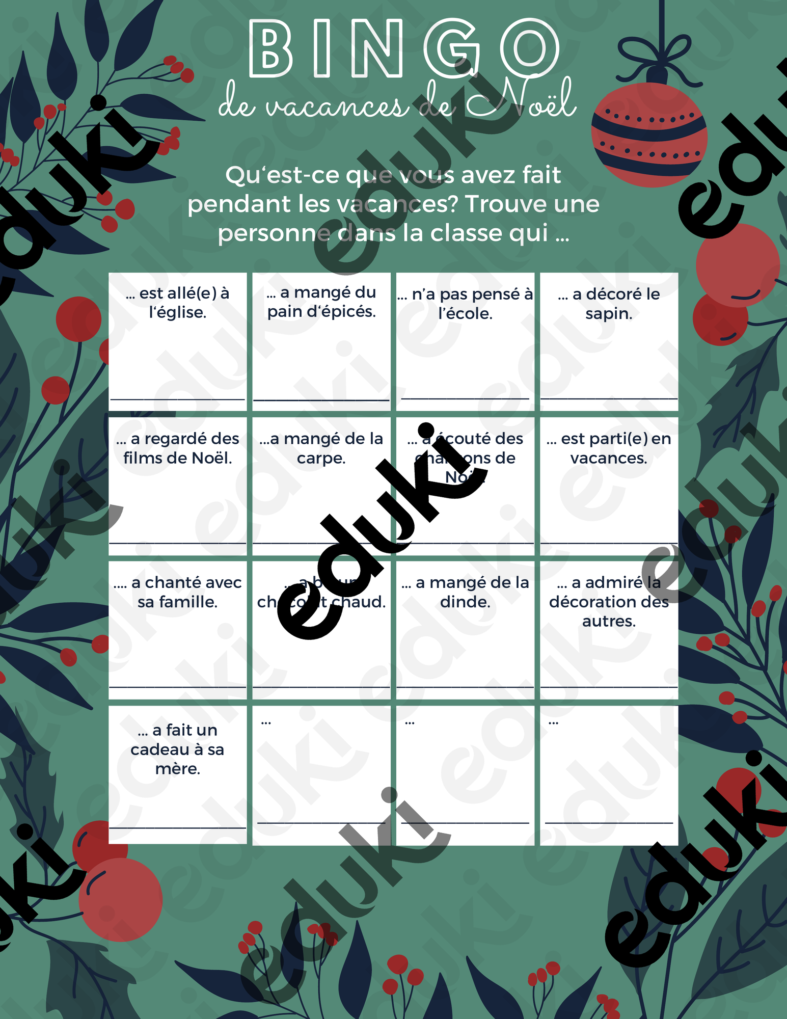 Bingo: Les vacances de Noël (futur composé + passé composé ...