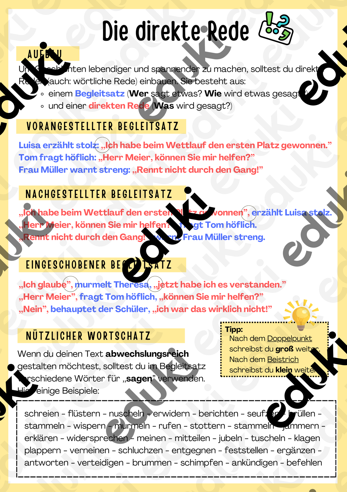 Merkblatt: Die direkte Rede – Unterrichtsmaterial im Fach Deutsch