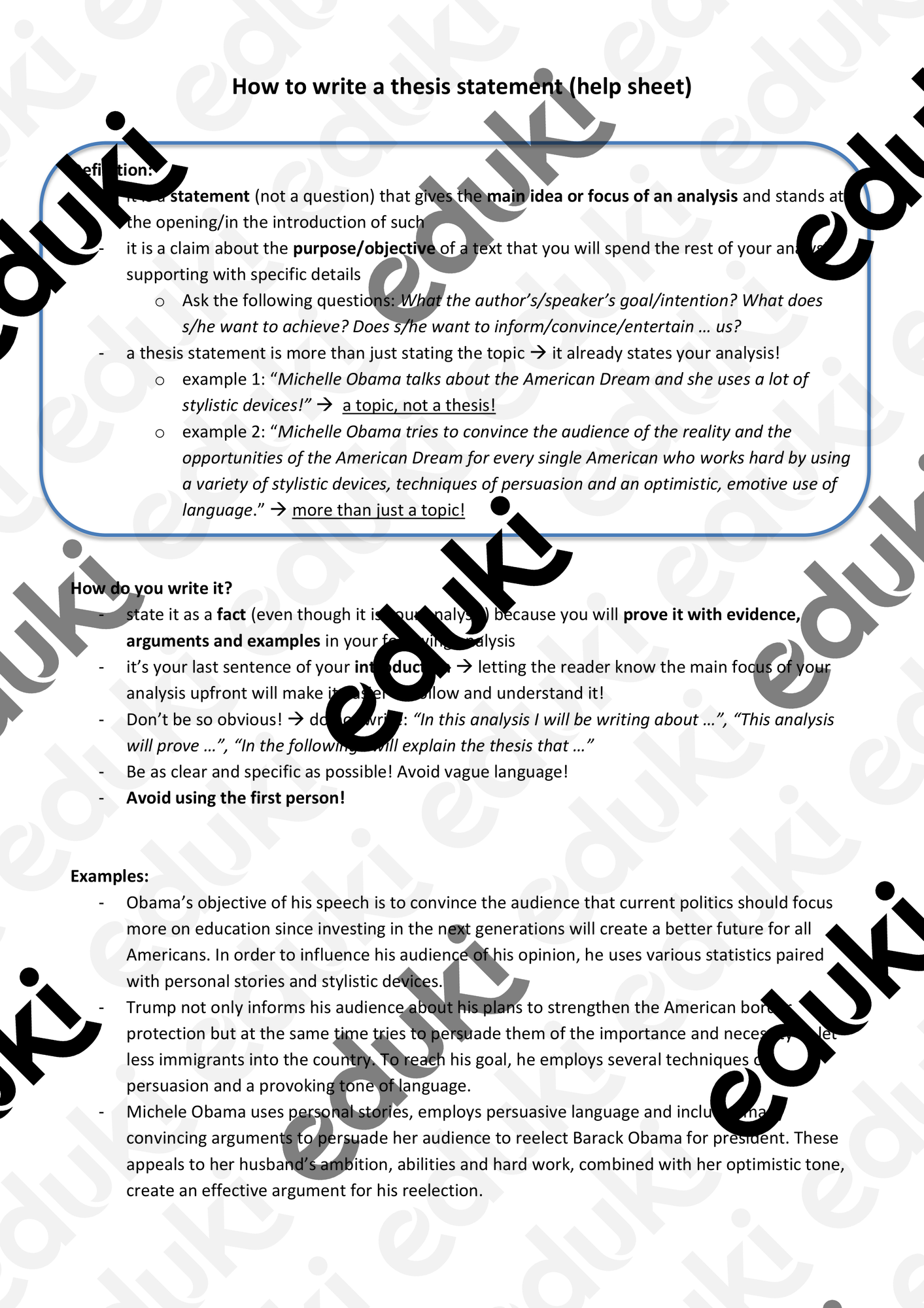 How to write a thesis statement (help sheet) – Unterrichtsmaterial im Fach Englisch