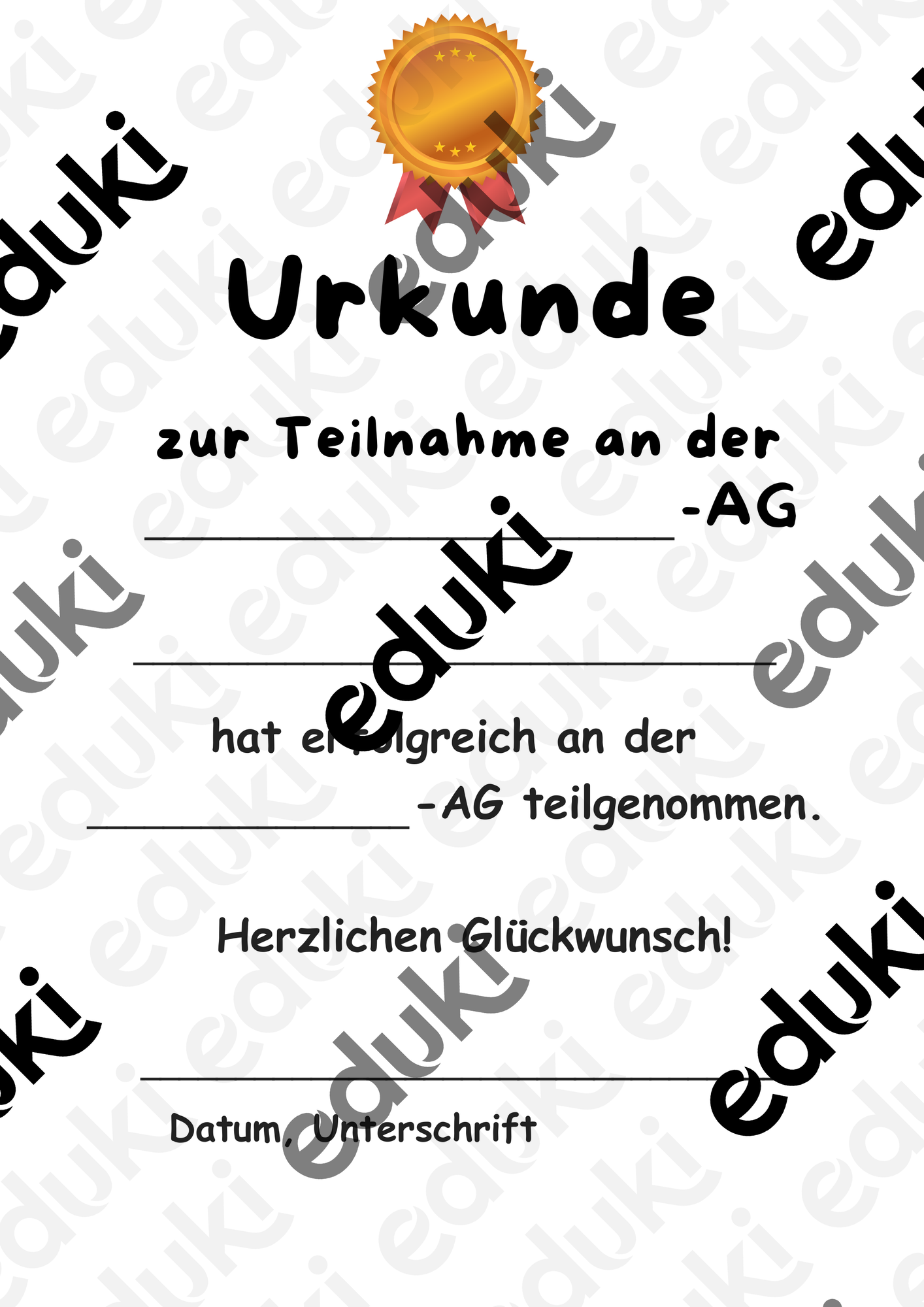 Urkunde zur Teilnahme an einer AG - personalisierbar ...