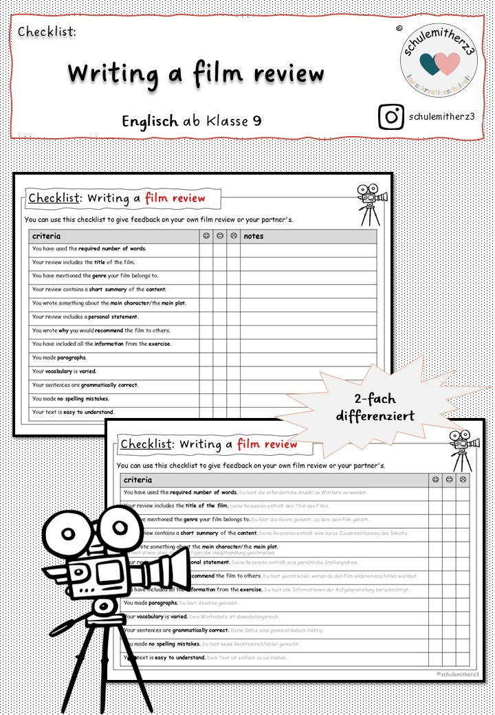 Checklist: Writing a film review – Unterrichtsmaterial im Fach Englisch