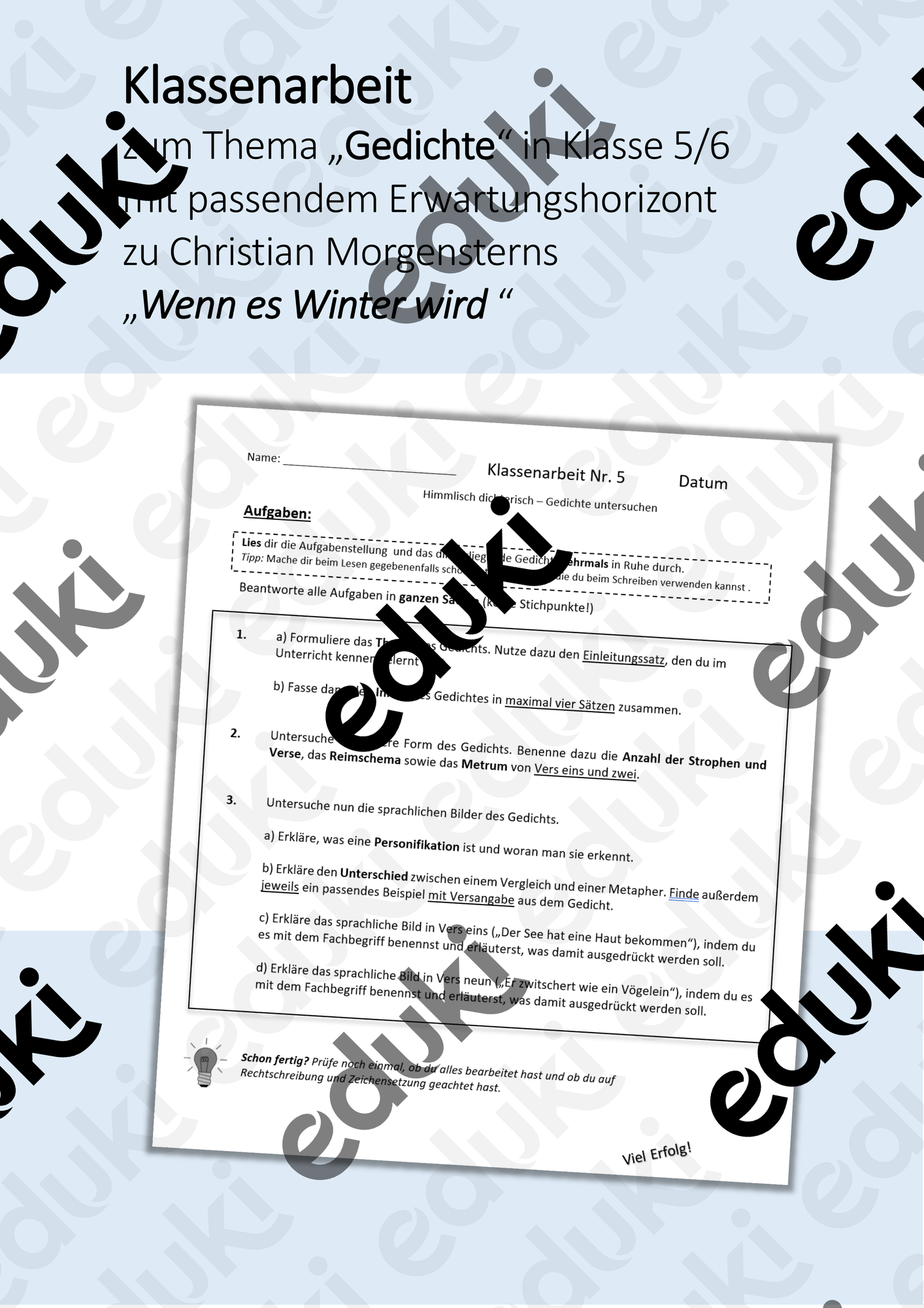 Klassenarbeit Klasse 6 Gedichte mit EWH – Unterrichtsmaterial im Fach ...