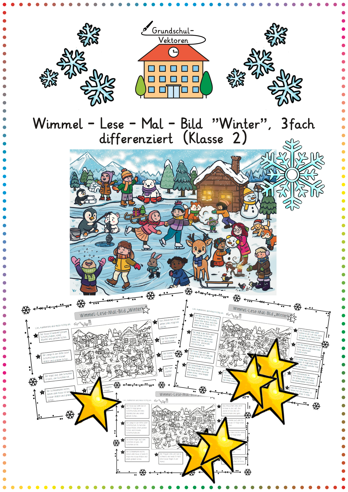 Wimmelbild Winter: Lese-Mal-Blatt (3-fach diff.) - Deutsch - Kl. 2 ...