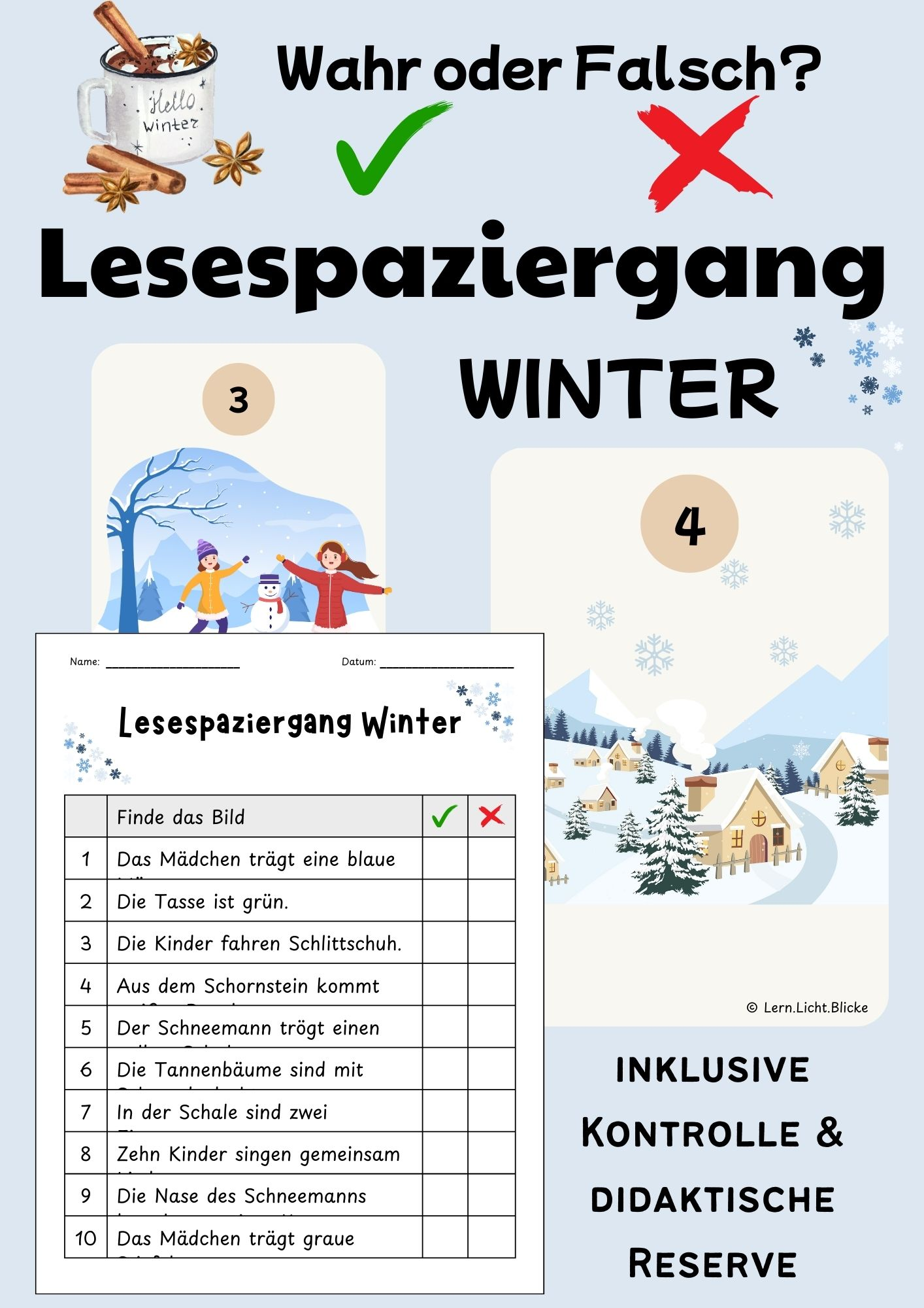 Lesespaziergang Winter wahr oder faslch inkl. Kontrolle Lesen ...