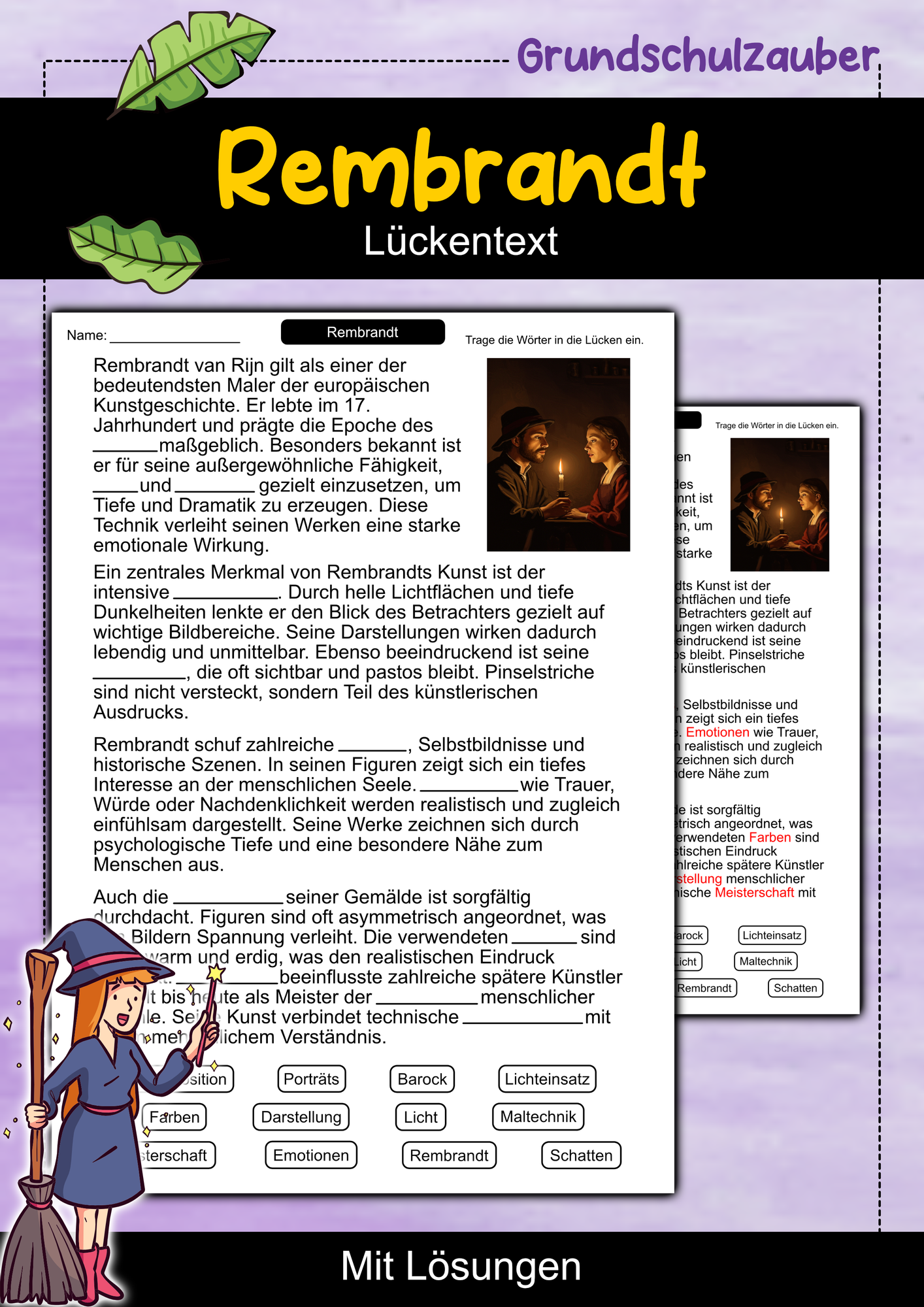 Rembrandt | Lückentext Künstlerporträt | Kunstgeschichte | Kunst ...