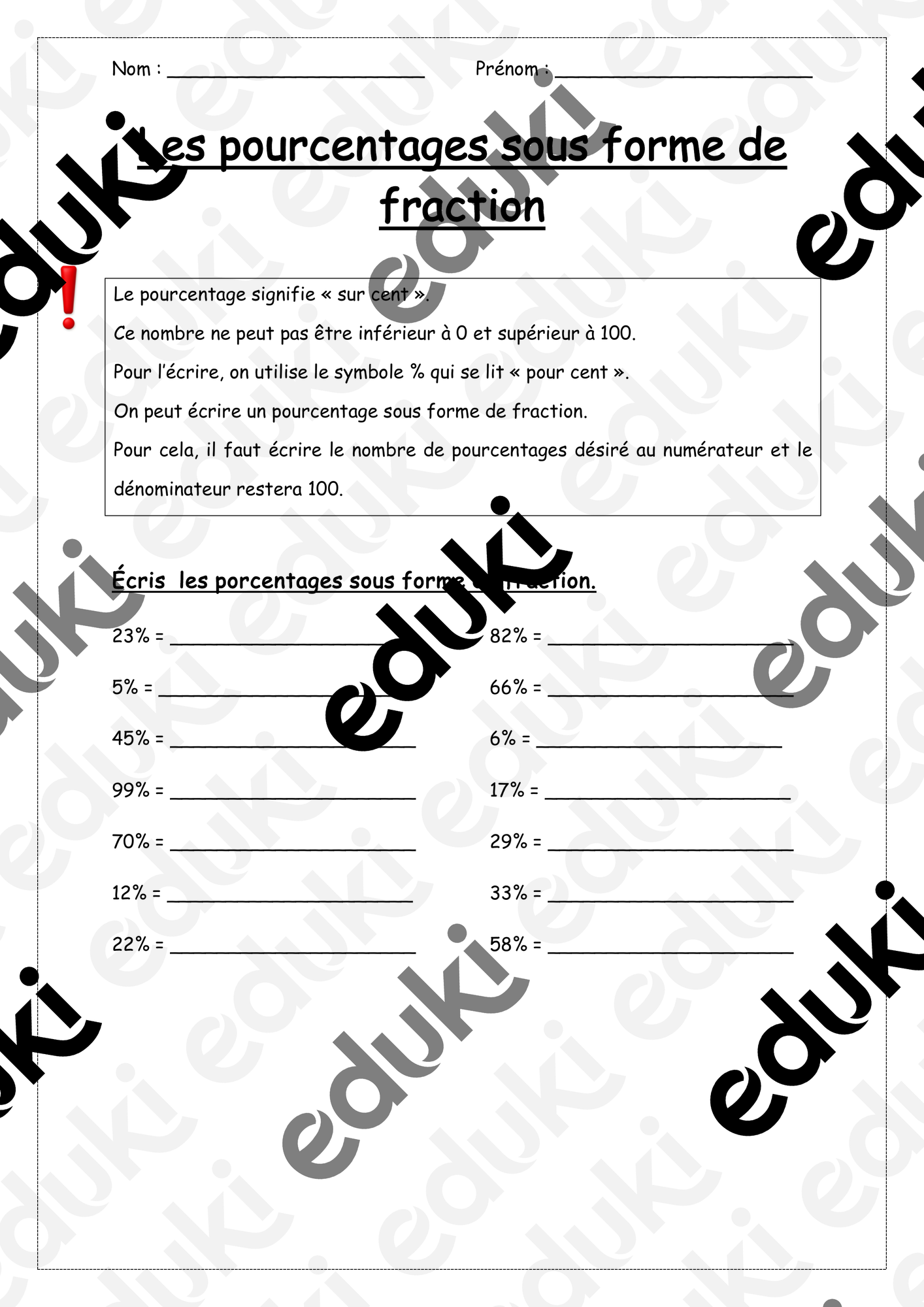 Exercice- Les pourcentages sous forme de fraction – Unterrichtsmaterial ...