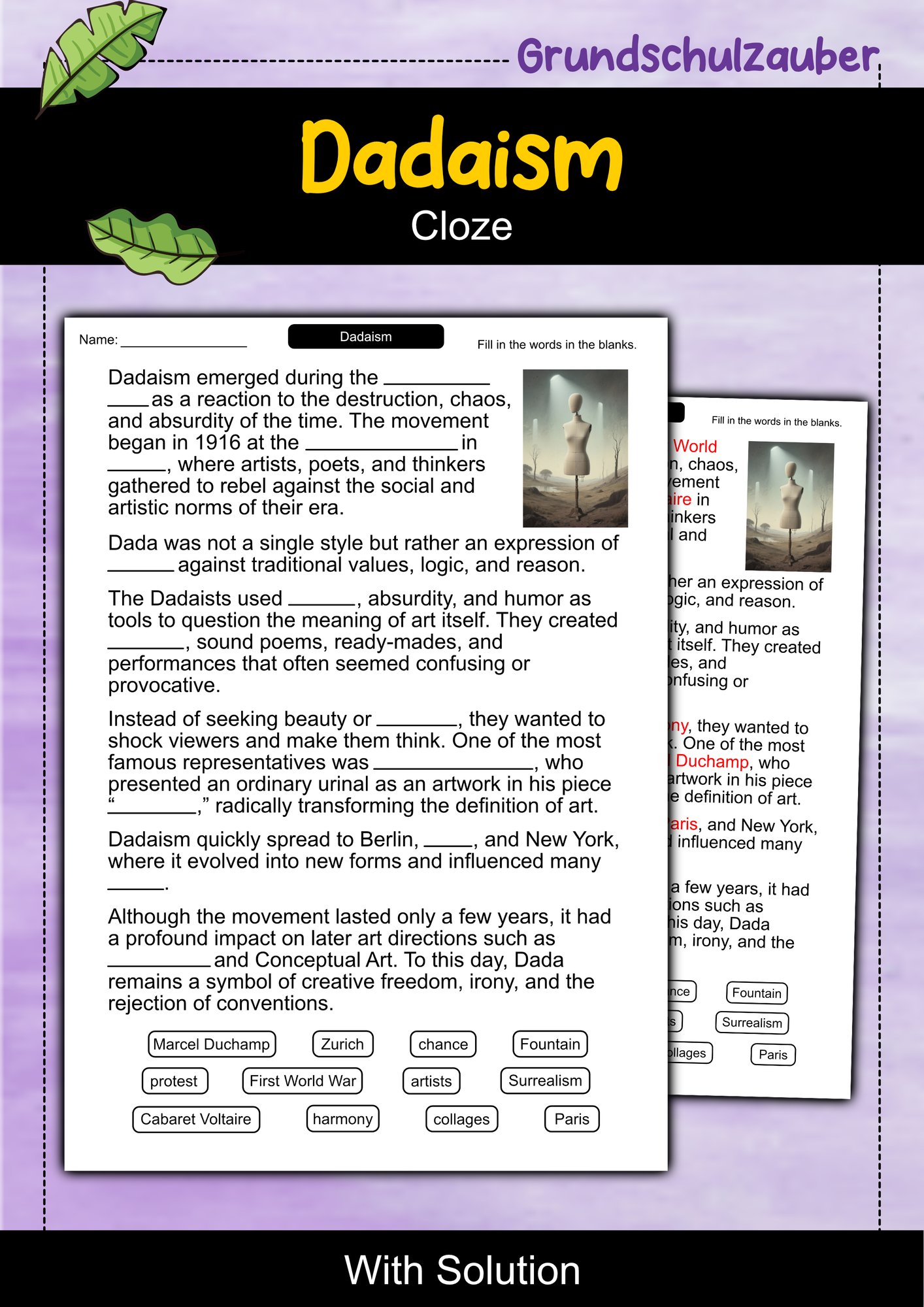Dadaism | Cloze Text Art Movement | Art History | Art | English ...