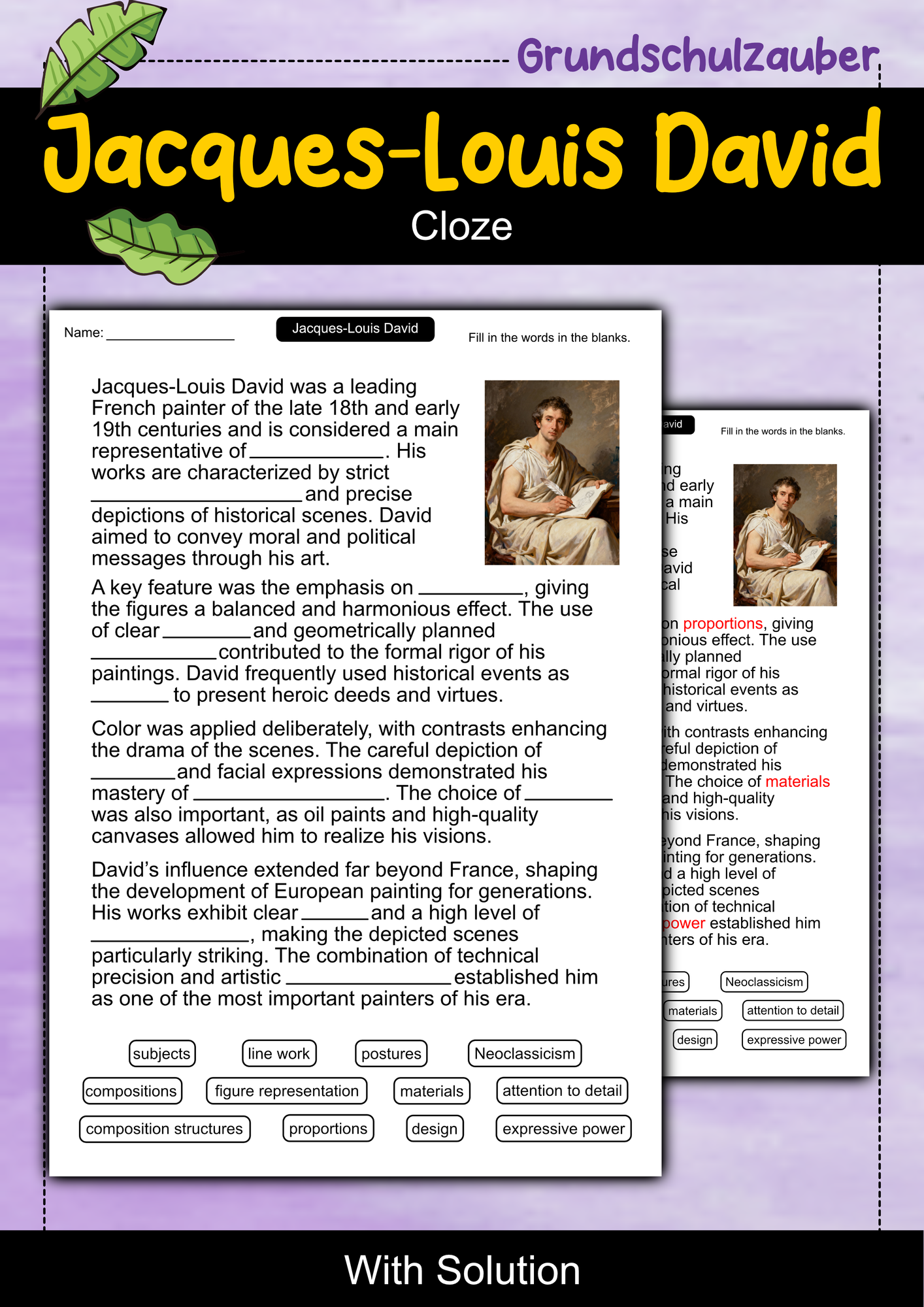 Jacques-Louis David | Cloze Text Artist Study | Art History | Art ...