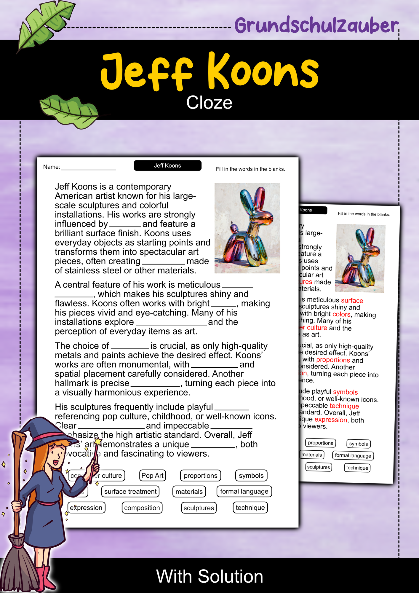 Jeff Koons | Cloze Text Artist Study | Art History | Art | English ...