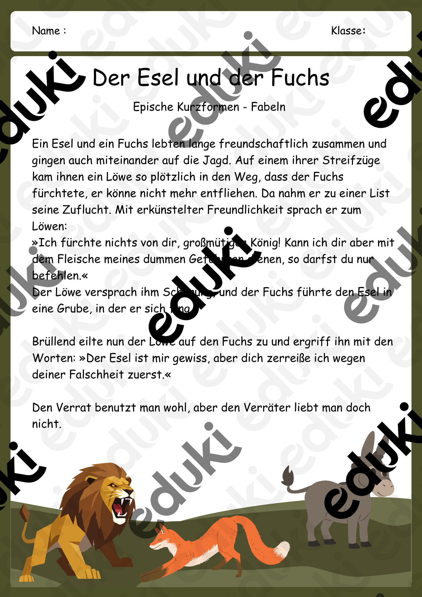 Fabel 'Der Esel und der Fuchs' - Text – Unterrichtsmaterial im Fach Deutsch