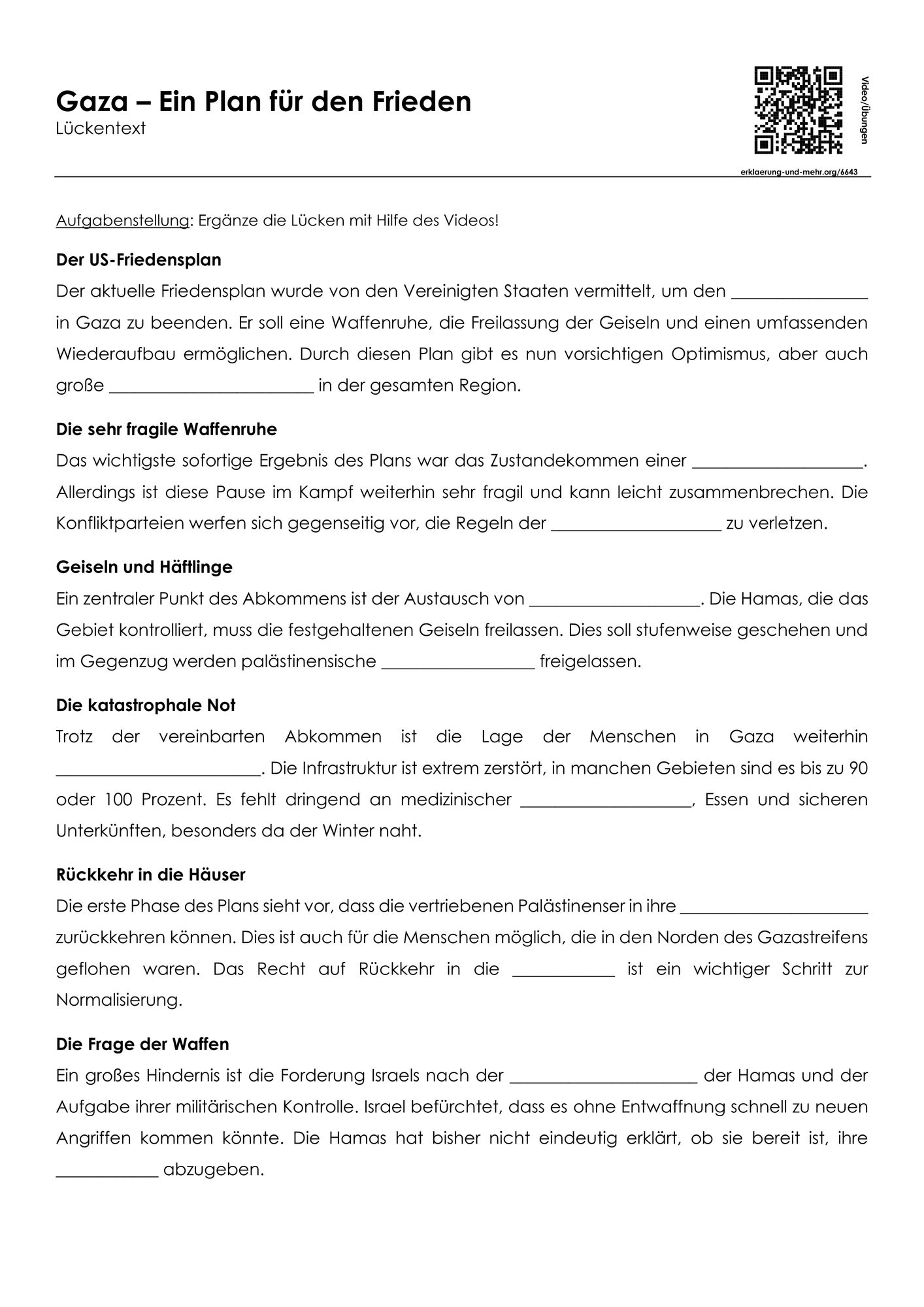 Gaza – Ein Plan für den Frieden (Lückentext und Übungen ...