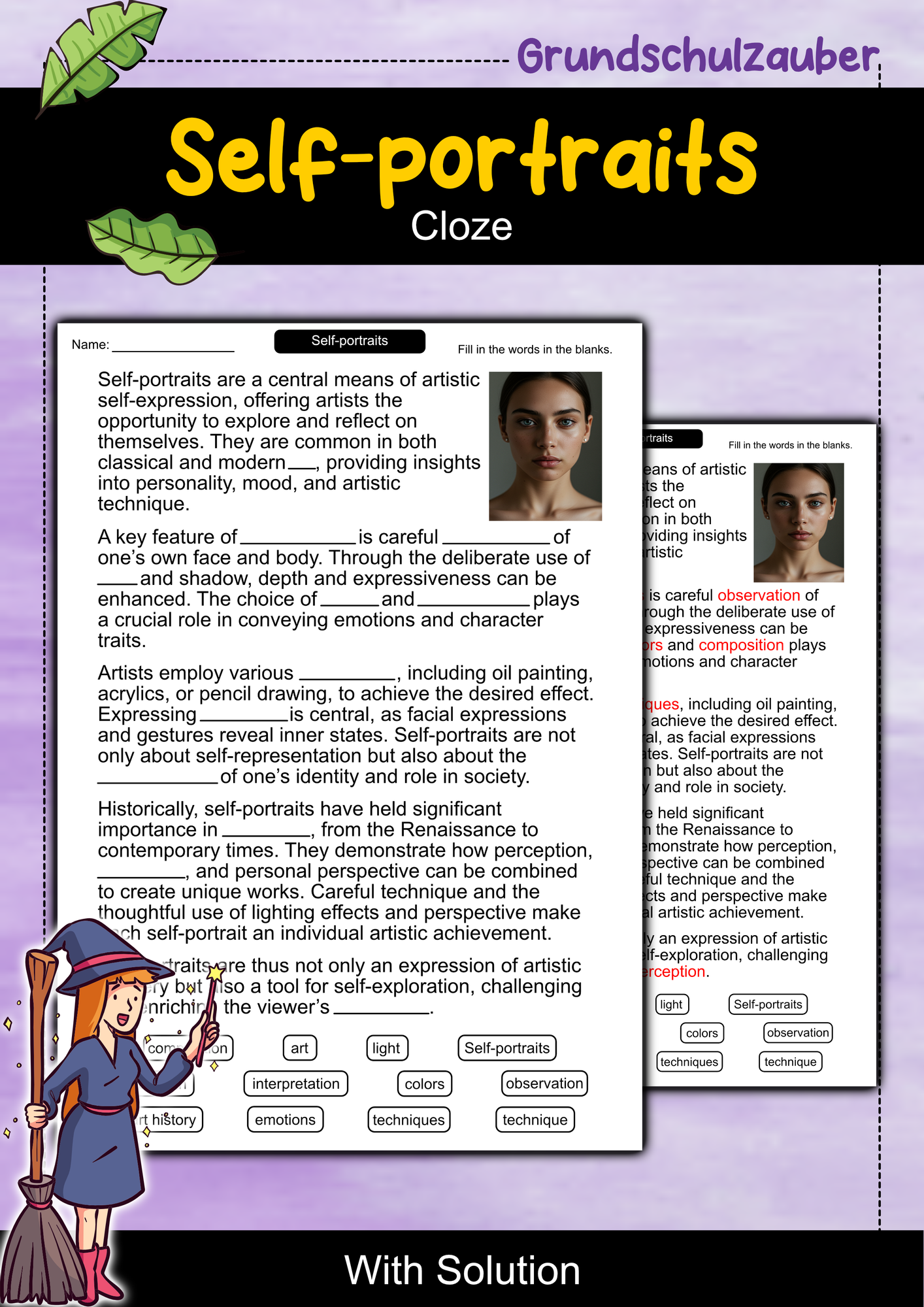 Self-Portraits | Cloze Text Art Topic | Art History | Art | English ...
