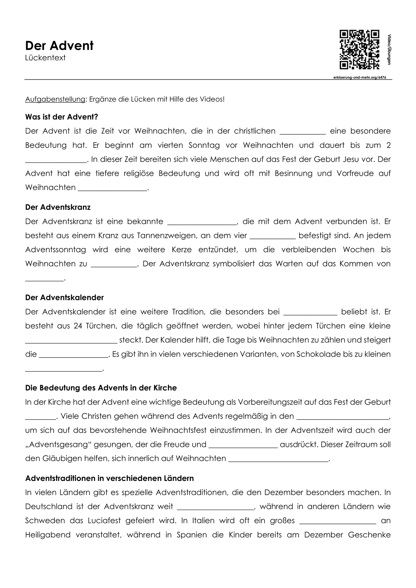 Der Advent (Lückentext und Übungen) – Unterrichtsmaterial im Fach Religion