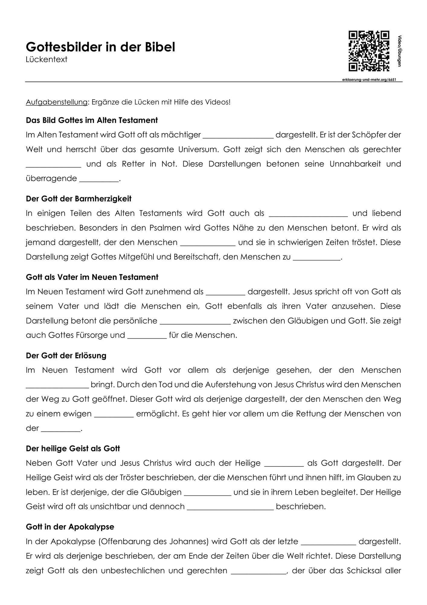 Gottesbilder in der Bibel (Lückentext und Übungen ...