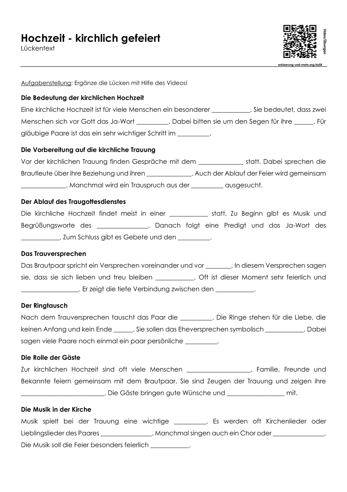 Hochzeit - kirchlich gefeiert (Lückentext und Übungen ...