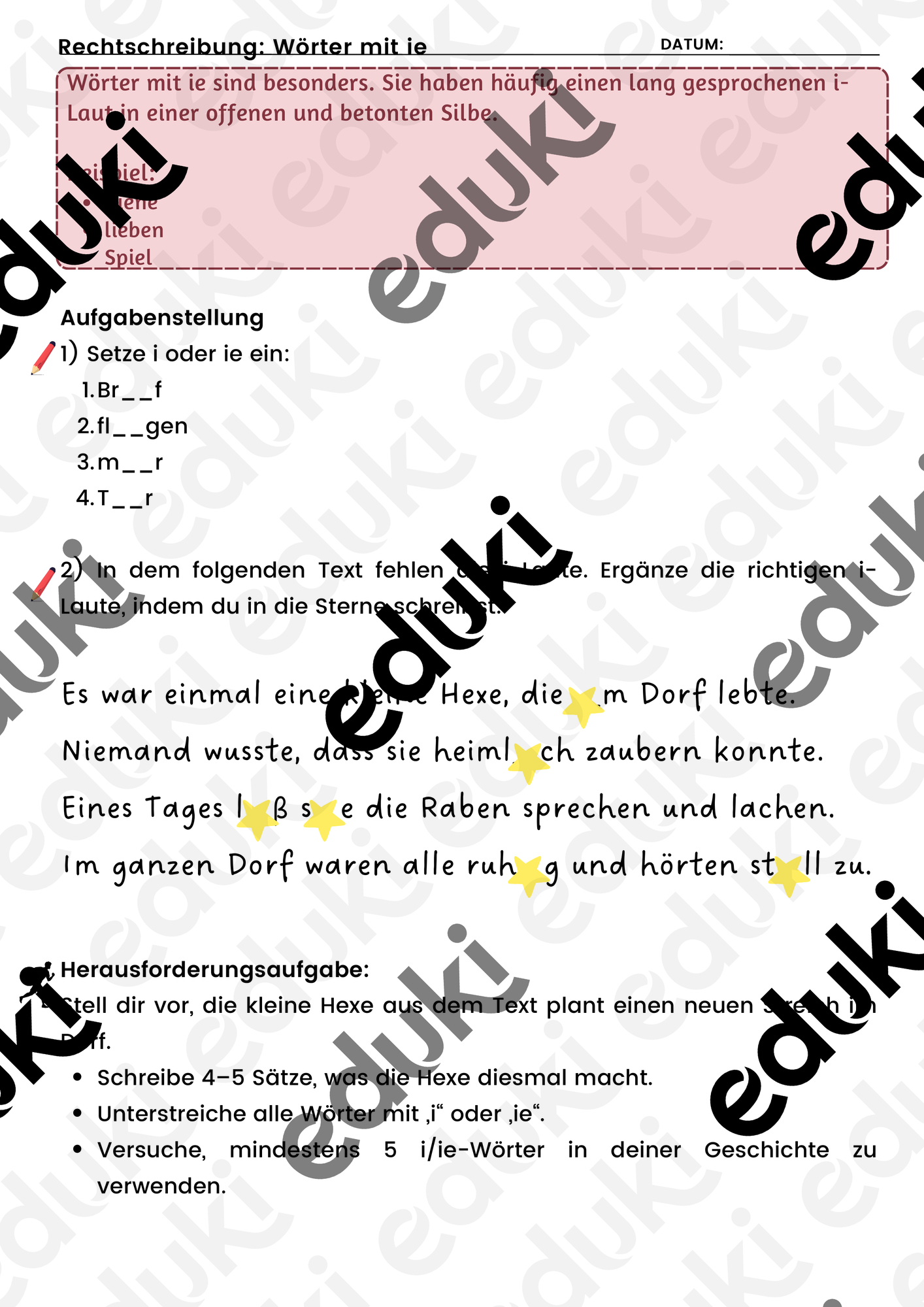 Arbeitsblatt Rechtschreibung: Wörter mit ie + Sprinteraufgabe ...