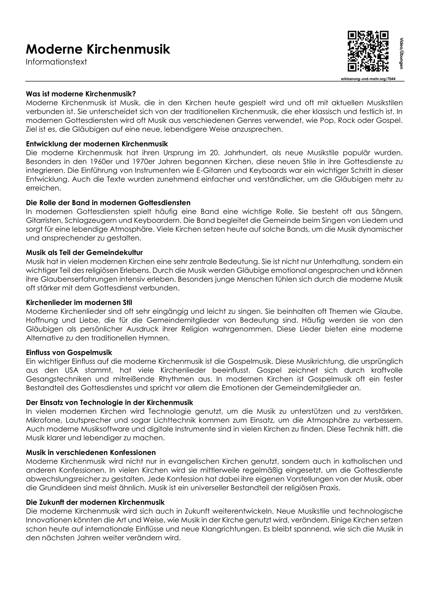 Moderne Kirchenmusik (Infotext und Übungen) – Unterrichtsmaterial im ...