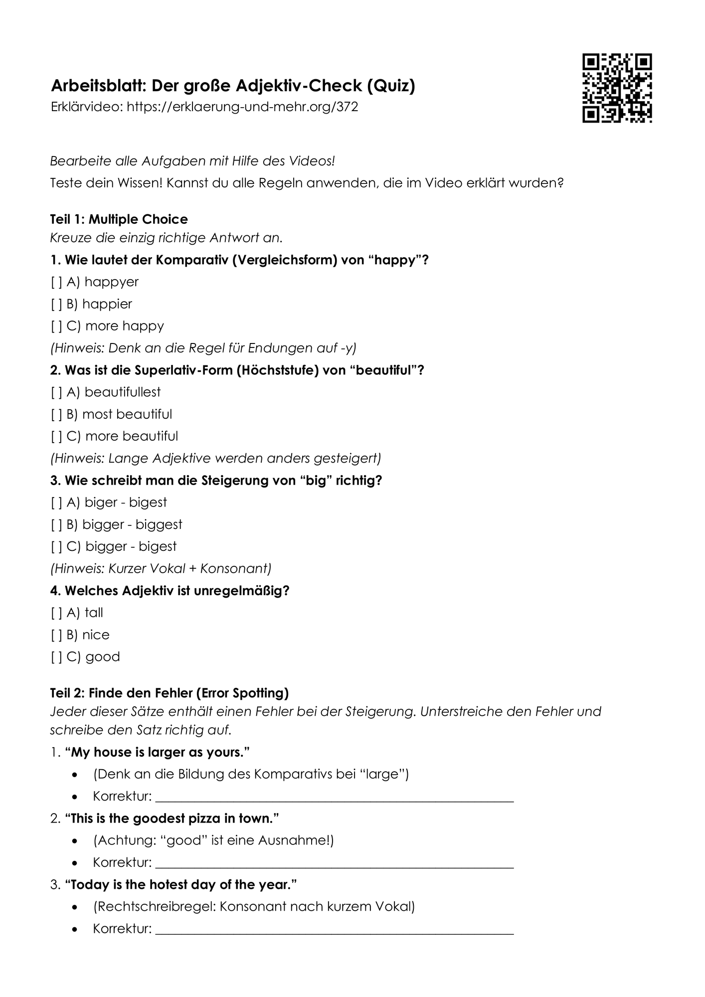 Comparison of Adjectives - AB – Unterrichtsmaterial im Fach