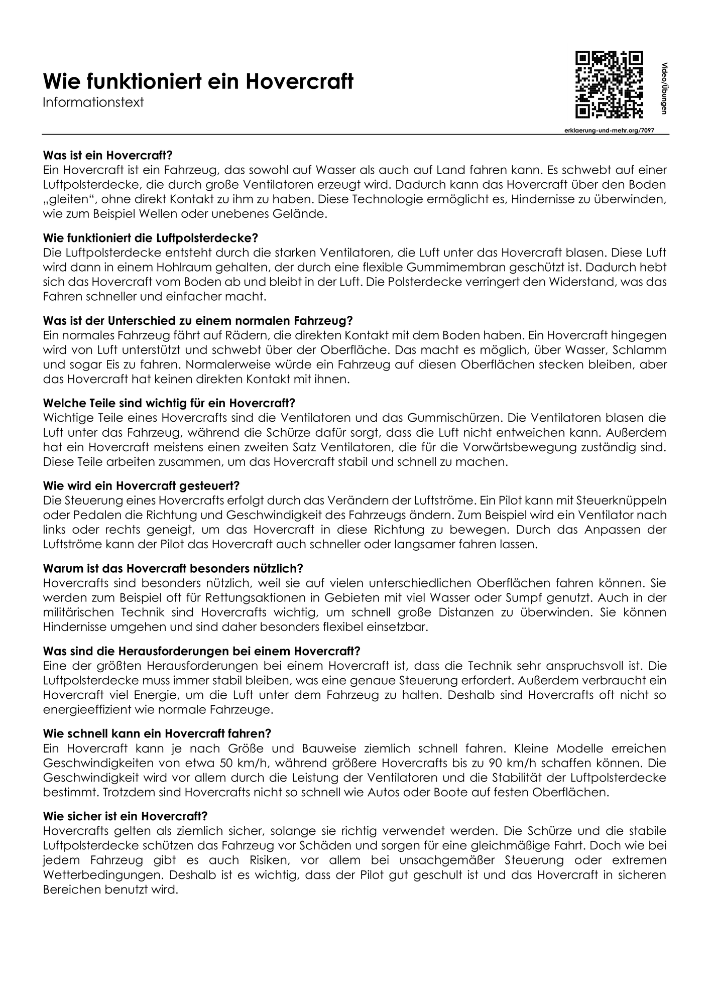 Wie funktioniert ein Hovercraft? – Unterrichtsmaterial im Fach Technik