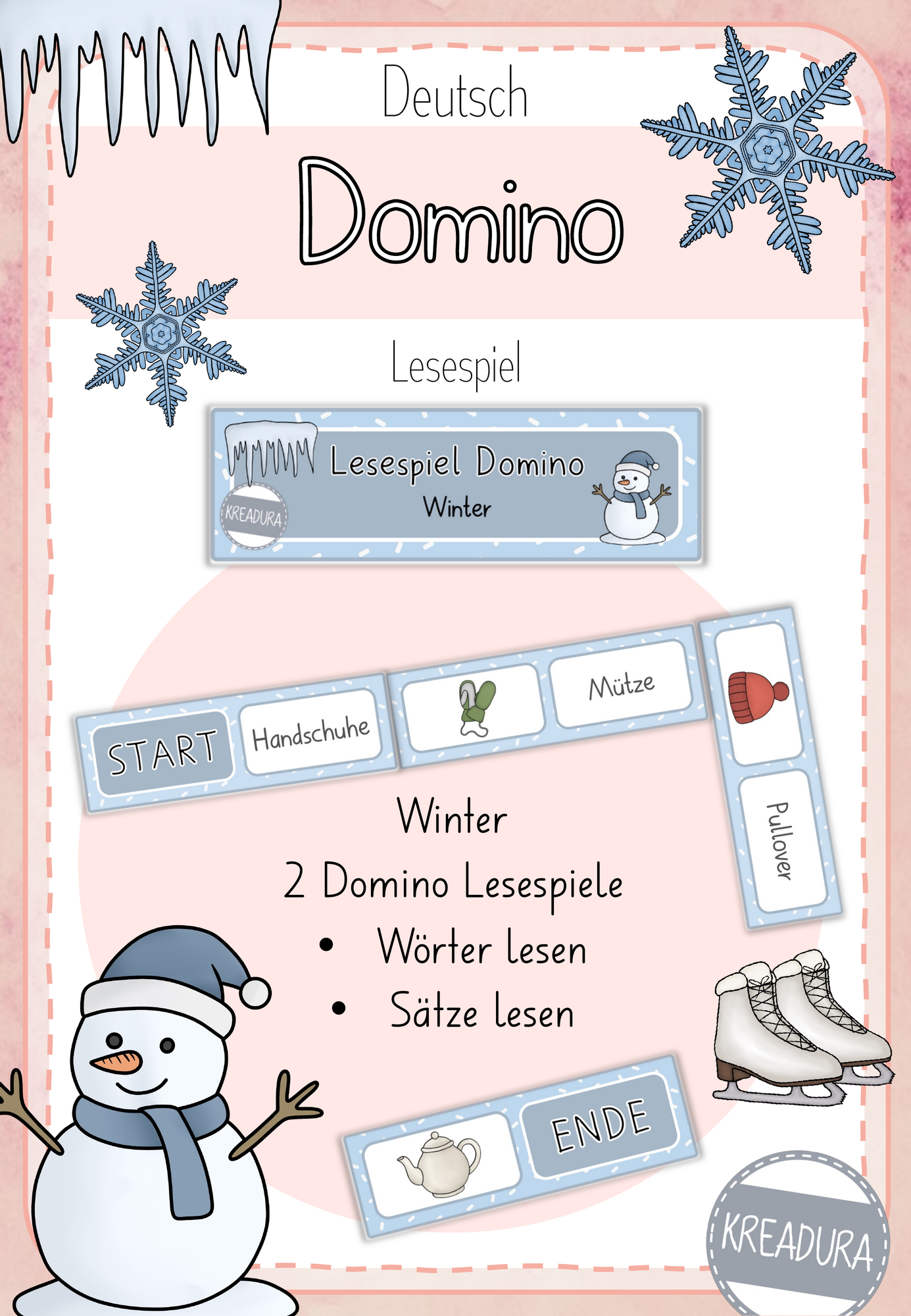 Lesespiel Domino Winter - Wörter lesen - Sätze lesen ...