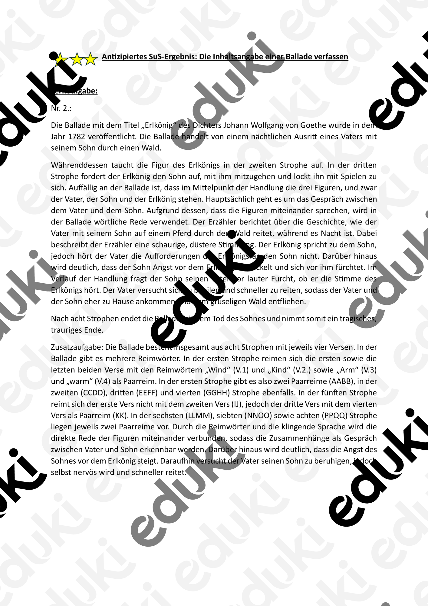 Lösung der Inhaltsangabe "Erlkönig" von Goethe (Diff III ...