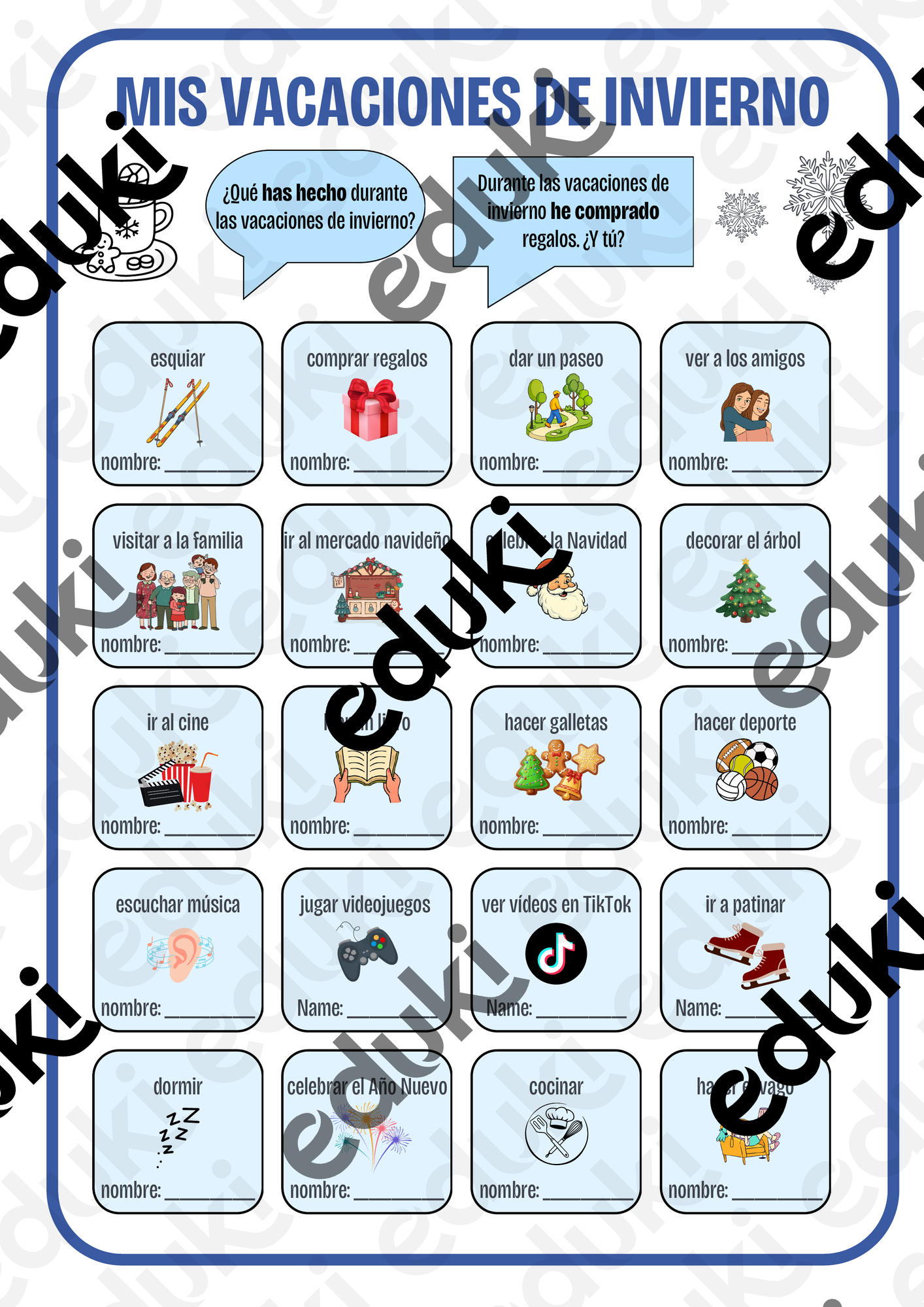 Bingo: vacaciones de invierno (pretérito perfecto ...