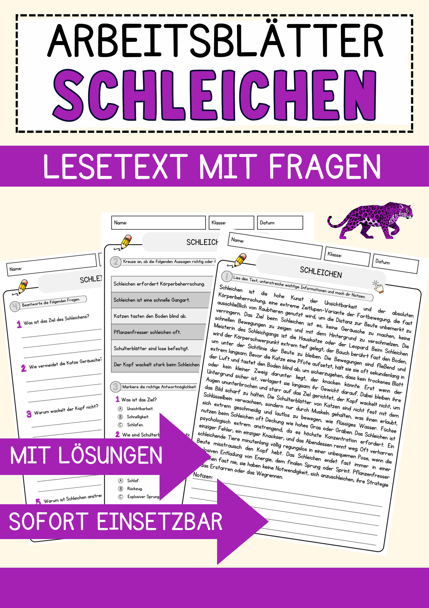 Schleichen Lesetext mit Richtig Falsch Multiple Choice und Offenen ...