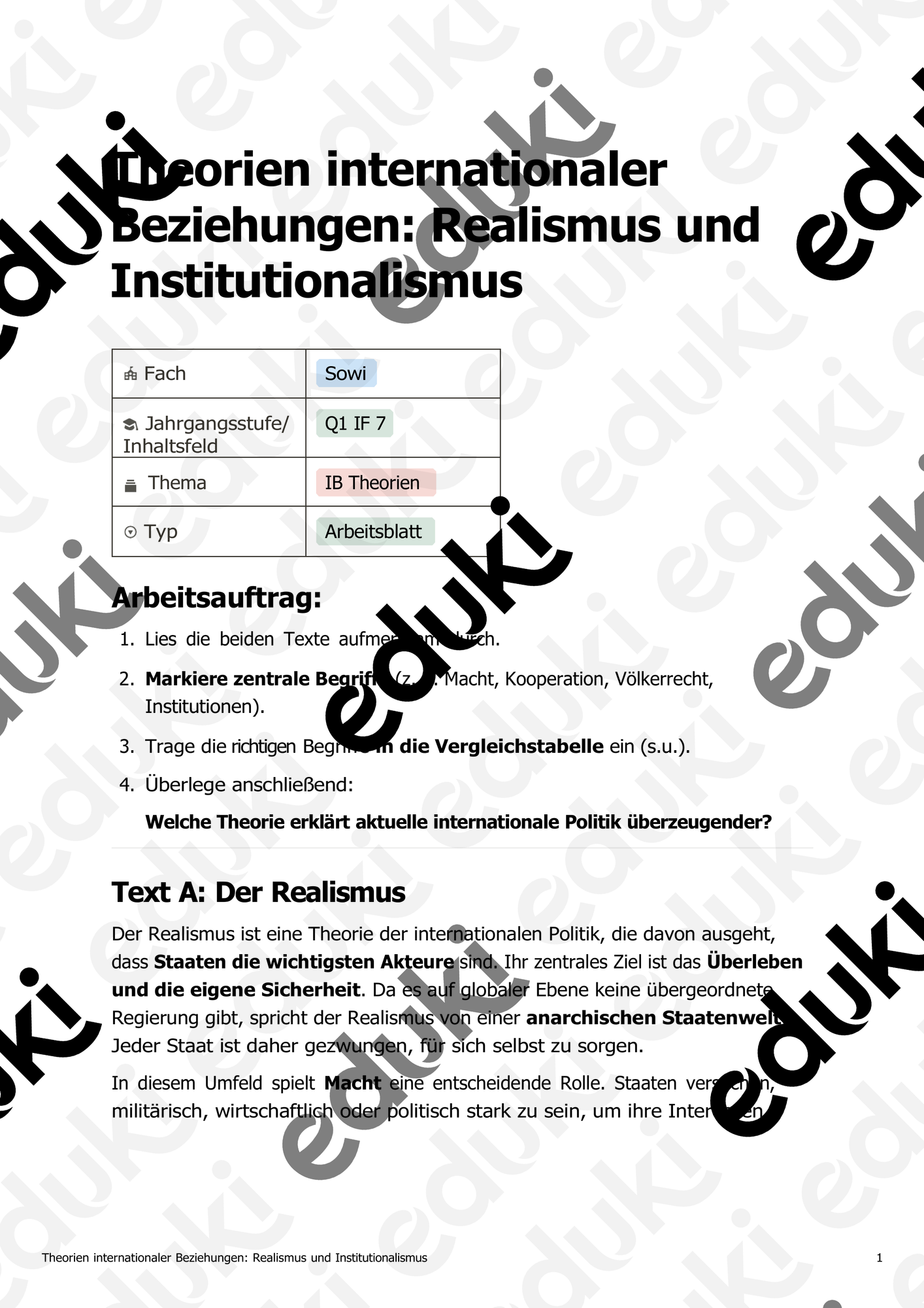 Arbeitsblatt Vergleich Realismus und Institutionalismus ...