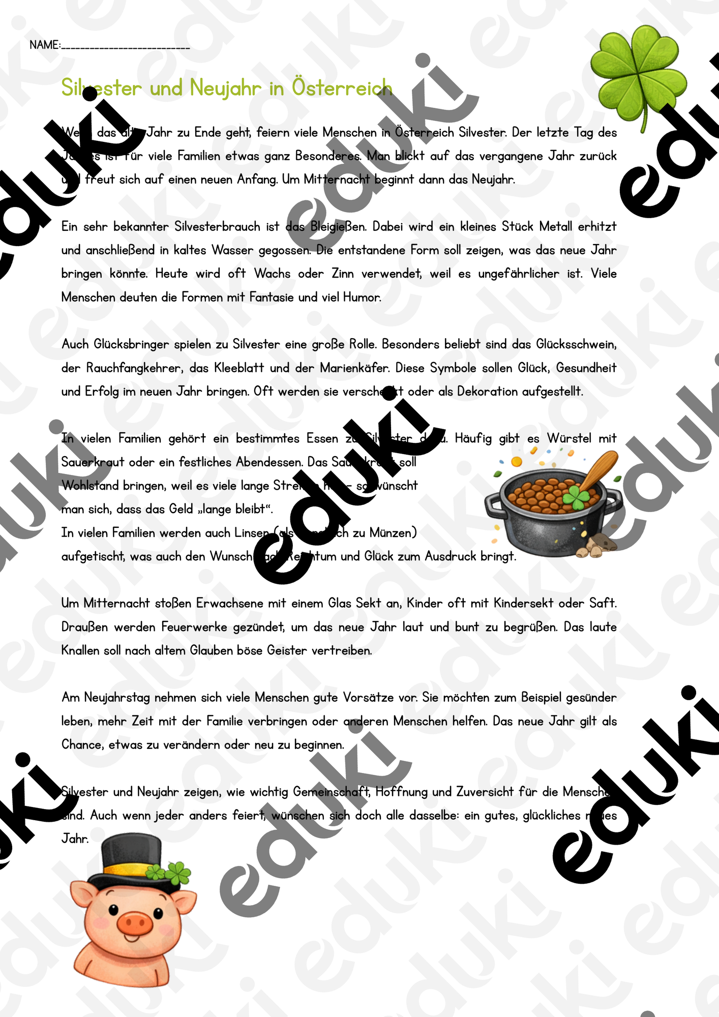 Lesetext: Silvester und Neujahr in Österreich – Unterrichtsmaterial im ...