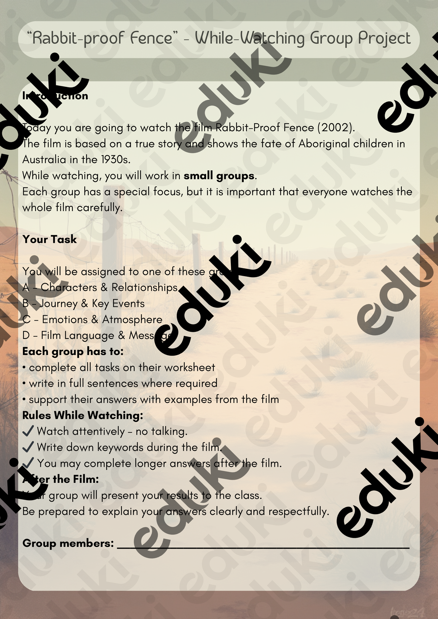 Movie Analysis RABBIT PROOF FENCE – Unterrichtsmaterial im Fach Englisch
