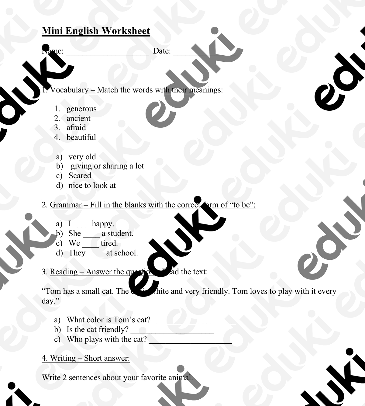 Mini English-Worksheet – Unterrichtsmaterial im Fach Englisch
