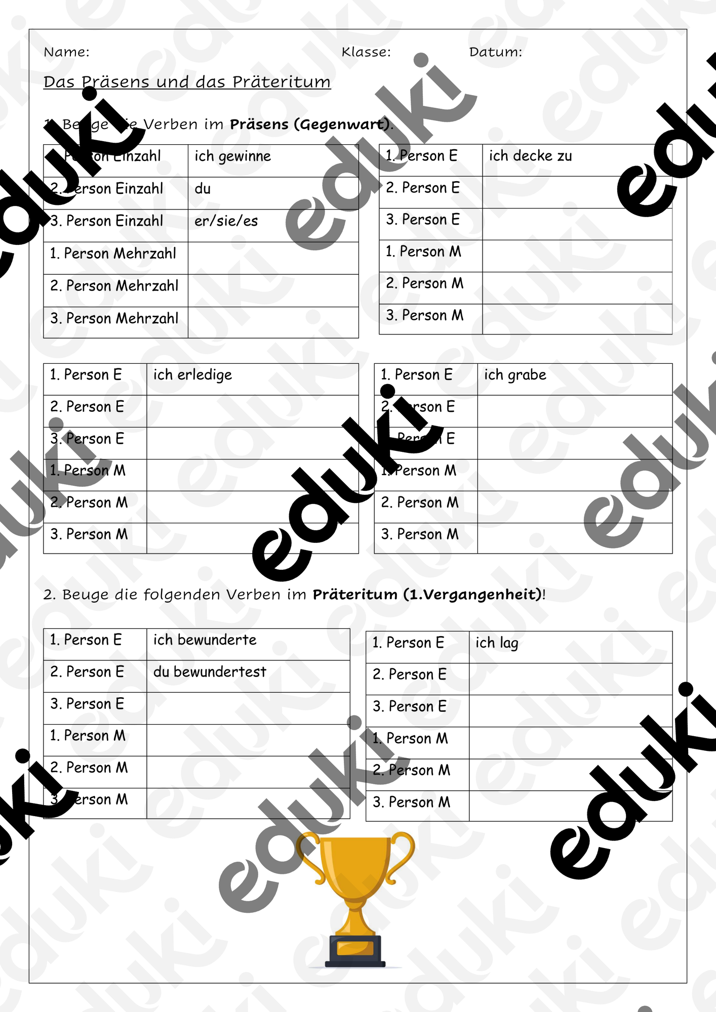 Die Zeiten Präsens Präteritum - Arbeitsblatt – Unterrichtsmaterial im ...