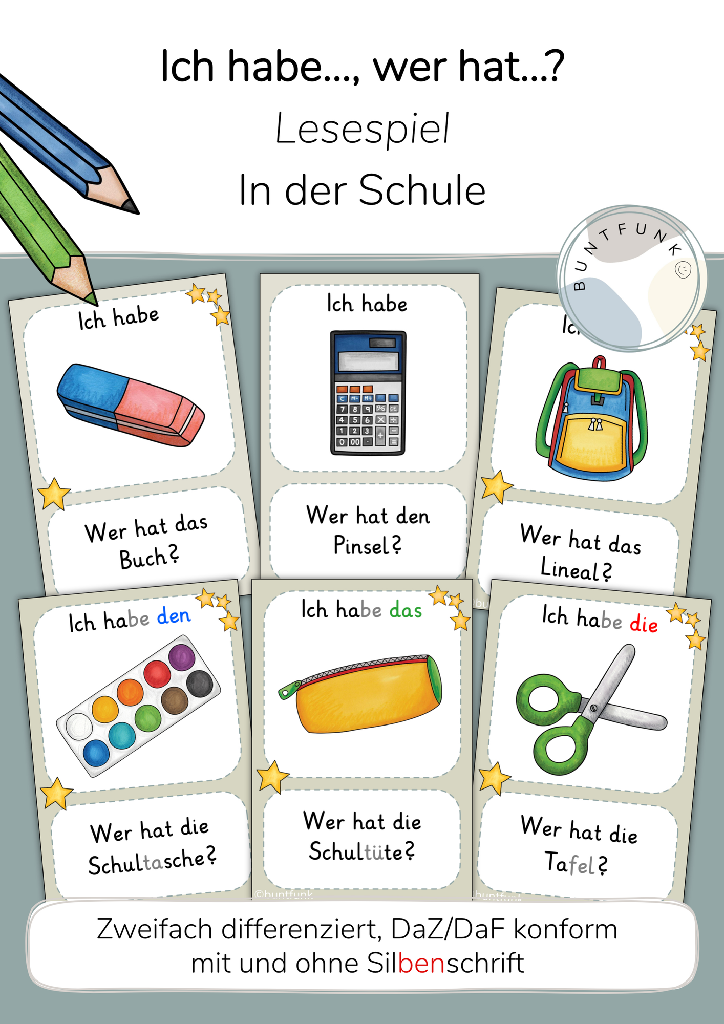 Ich habe, wer hat...? Schule / Federmappe (Lesespiel ...