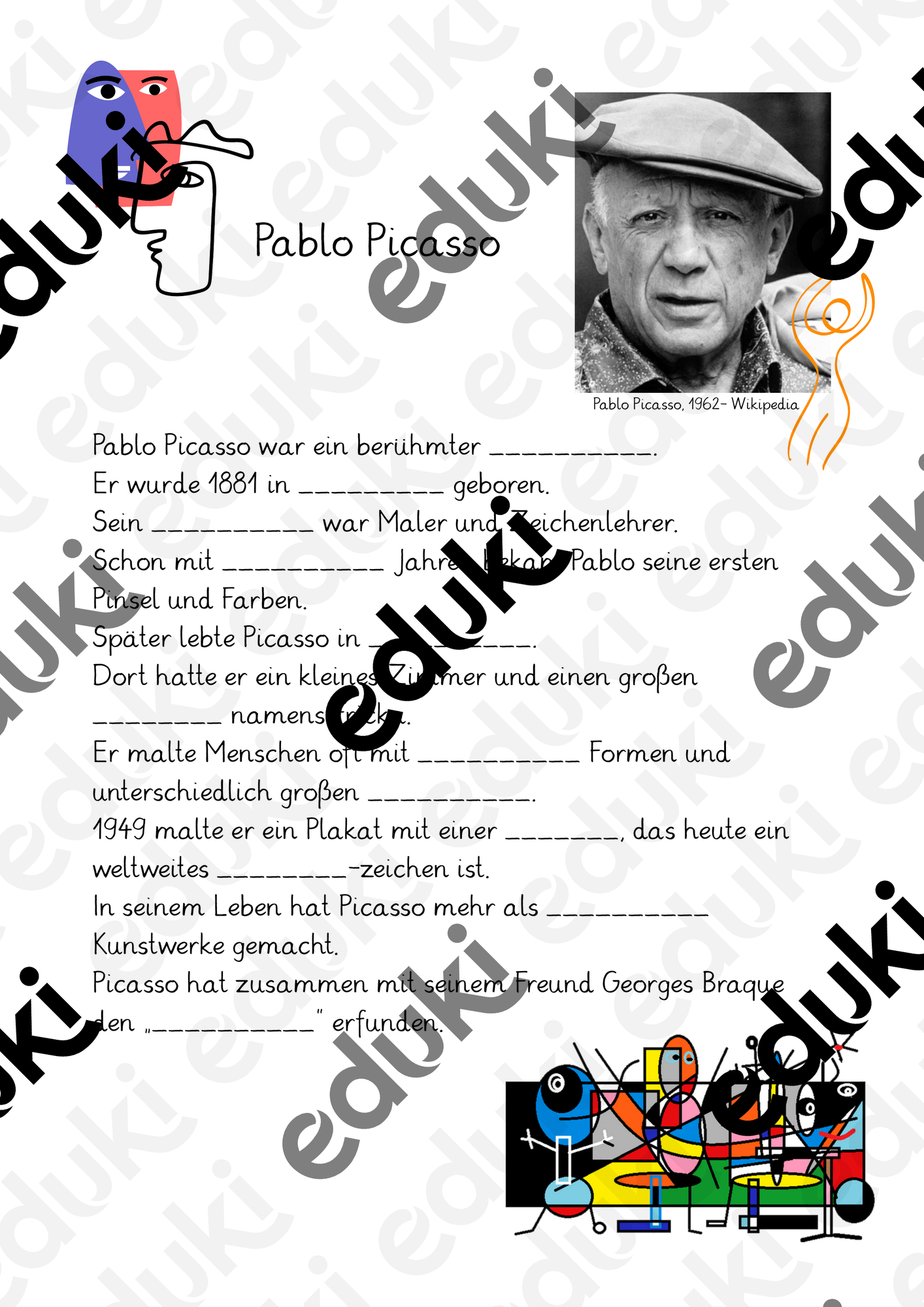 Pablo Picasso - Lückentext – Unterrichtsmaterial im Fach Kunst