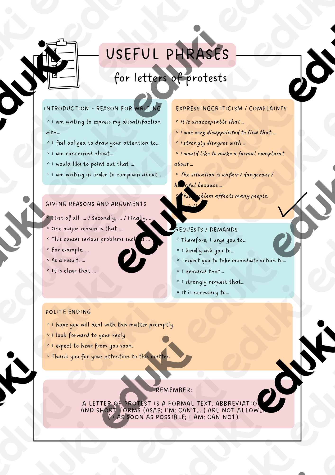 Useful Phrases protest letter – Unterrichtsmaterial im Fach Englisch