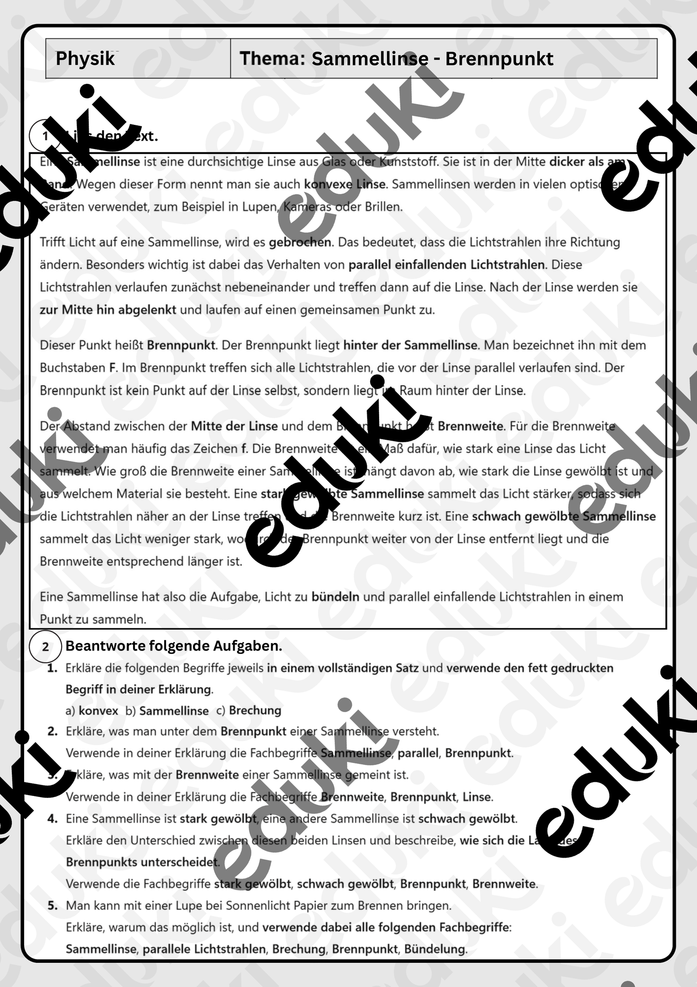 Sammellinse - Brennpunkt und Brennweite Optik – Unterrichtsmaterial im ...