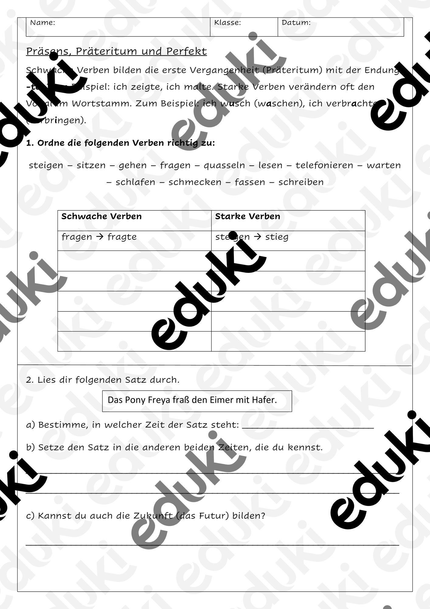 Präsens und Präteritum (2) - Arbeitsblatt – Unterrichtsmaterial im Fach ...