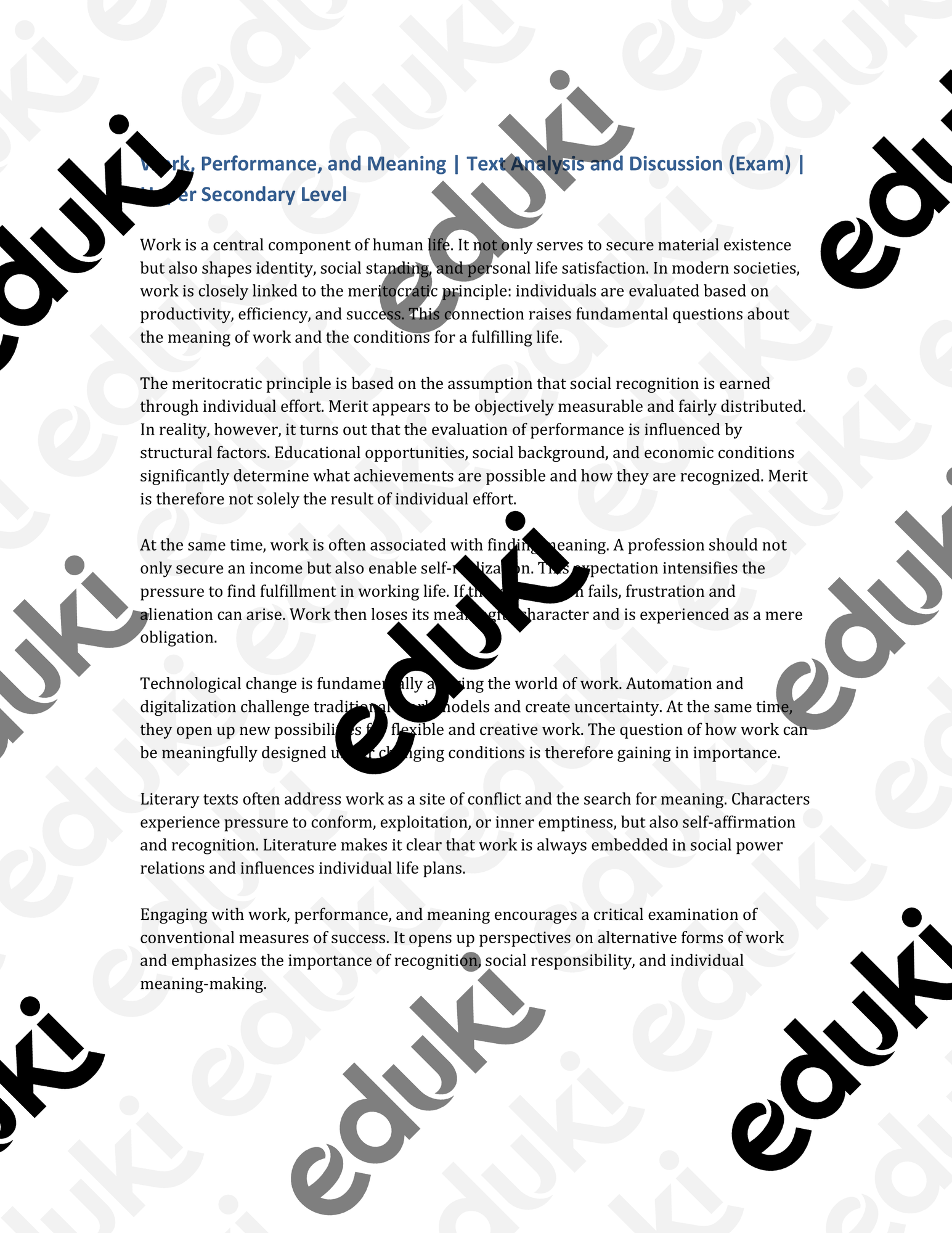 Work, Achievement, and Meaning – Englisch Klausur SEK II ...