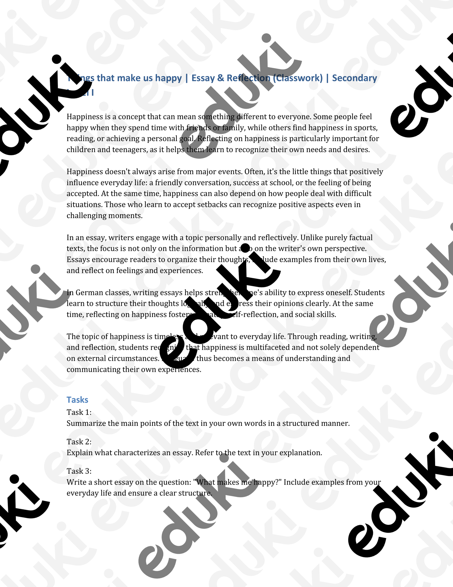 What Makes Us Happy – Englisch Klassenarbeit SEK I | Personal Essay ...