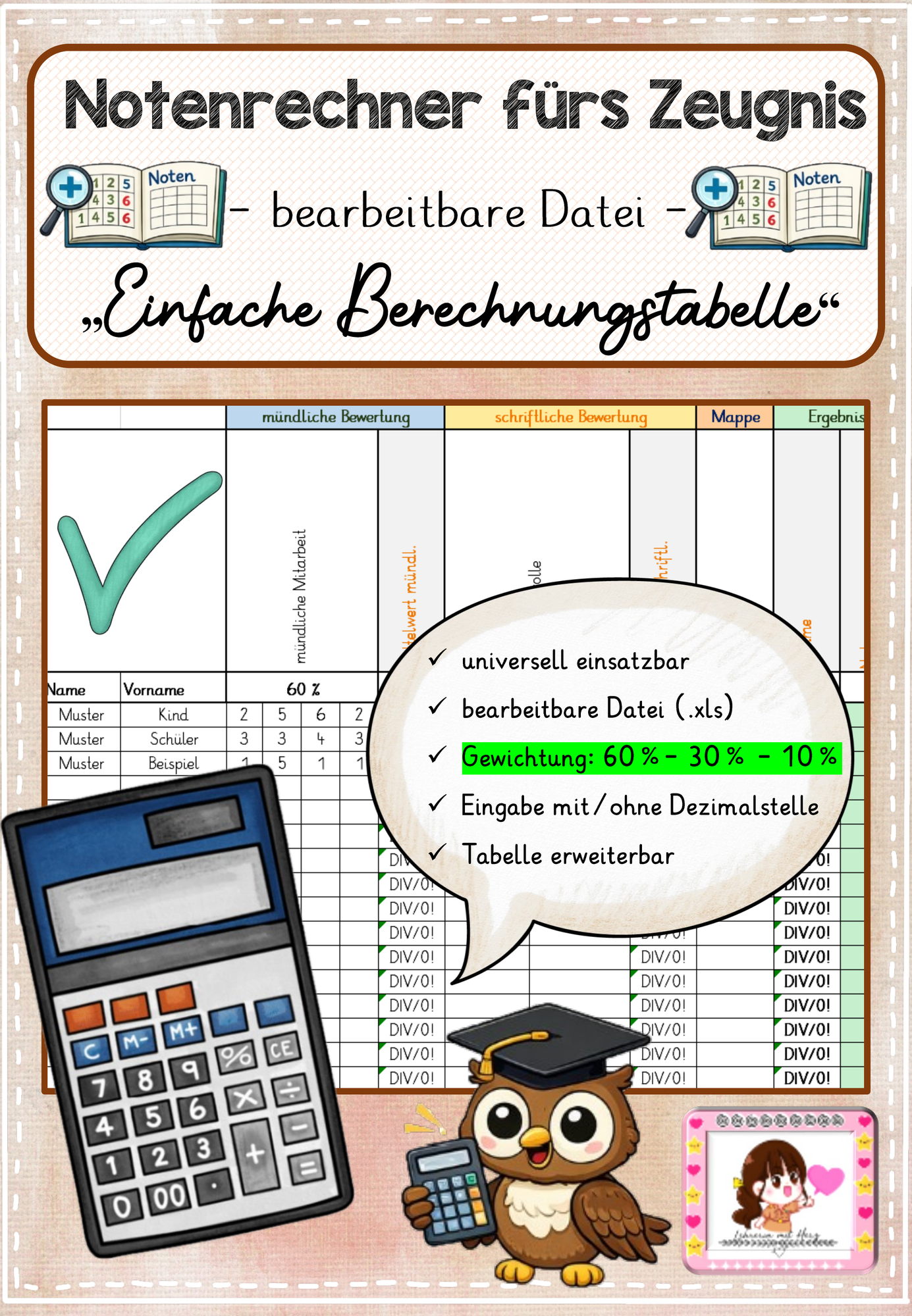 Notenrechner fürs Zeugnis: Gewichtung: 60% - 30% - 10% [bearbeitbare ...