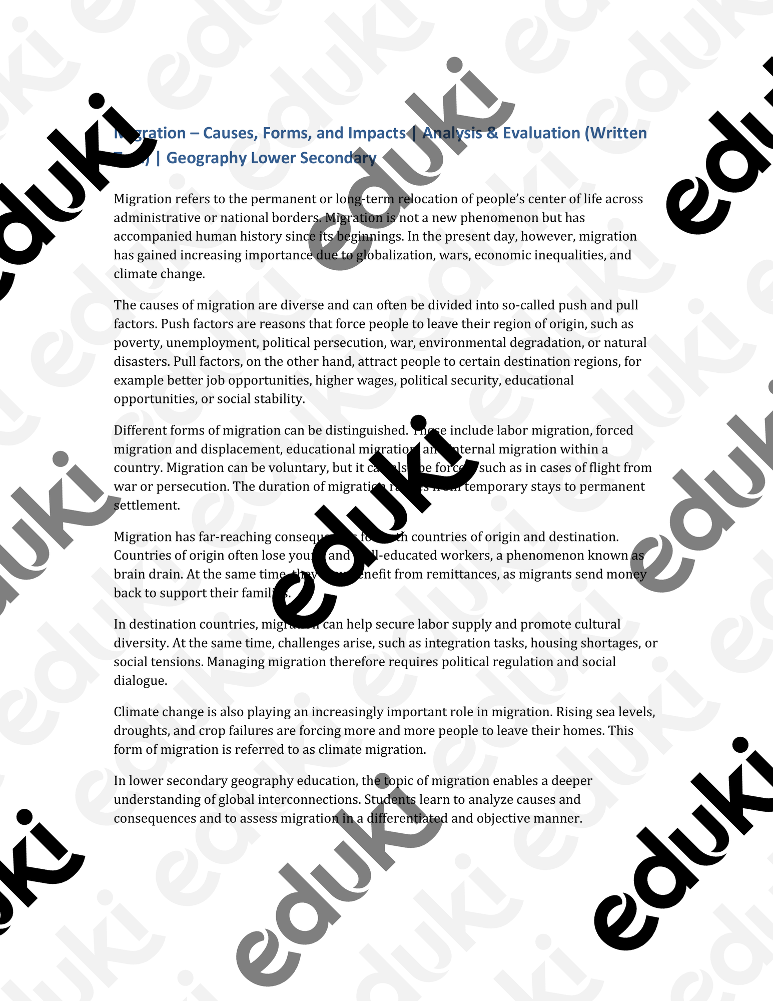 Migration – Causes, Types and Impacts | Geography Assessment SEK I – Unterrichtsmaterial im Fach ...